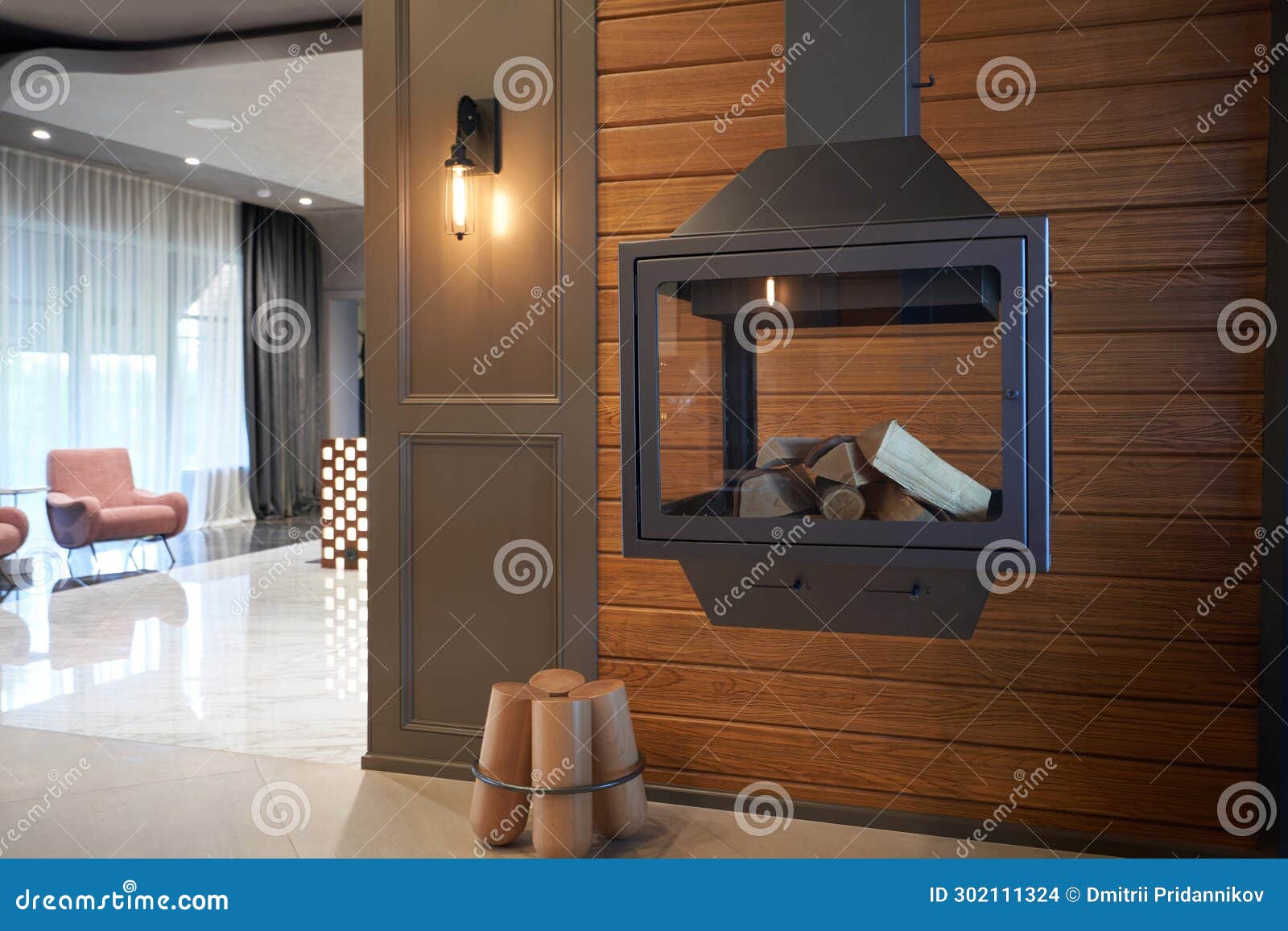 Suspended Transparent Fireplace in Luxury Interior Stock Photo - Image ...
