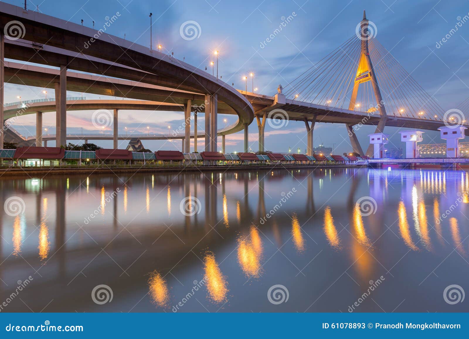 Suspension Bridge Curved Riverside Stock Image - Image of lake, light ...