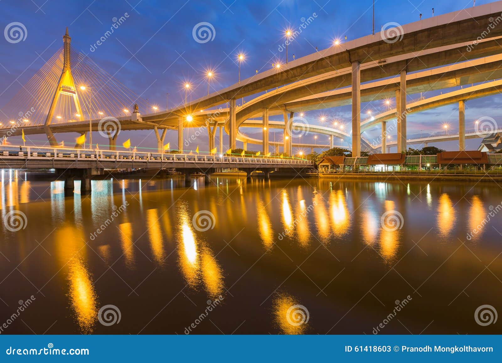 Suspension Bridge and Highway Curved Riverside Stock Image - Image of ...