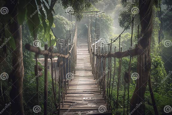 Suspension Bridge in the Jungle Stock Illustration - Illustration of ...