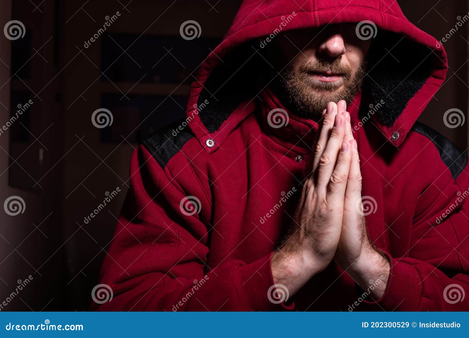 Suspicious Bearded Man in a Hood in the Dark Stock Image - Image of ...