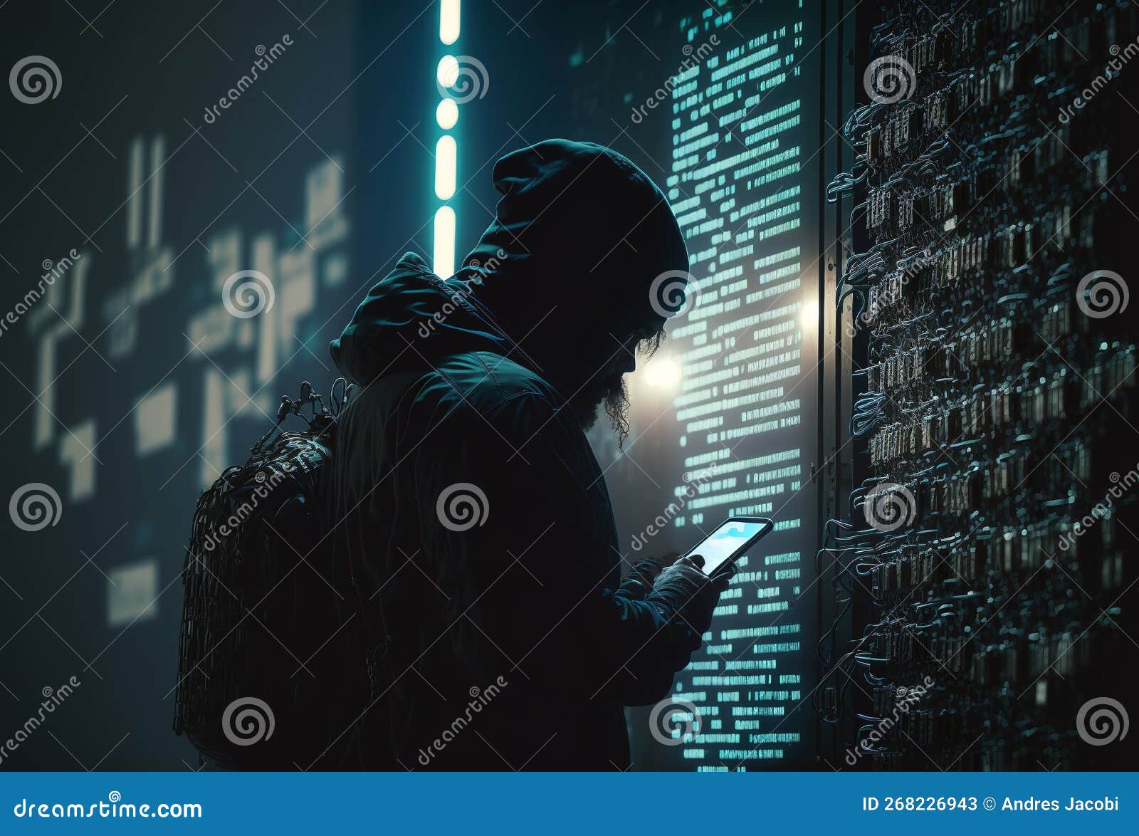 Suspicious Man with Mobile Inside Corporate Data Servers for Data ...