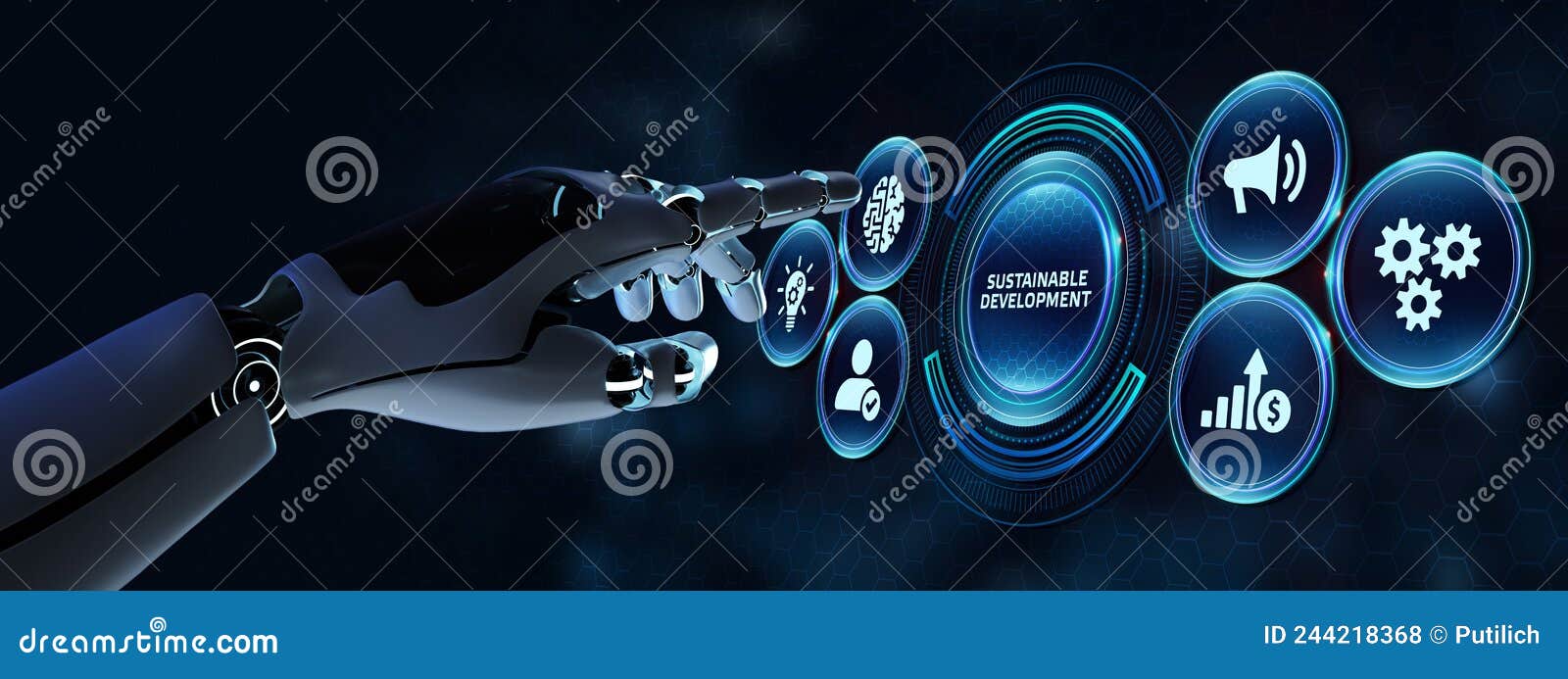 SUSTAINABLE DEVELOPMENT Inscription, Cloud Technology Concept. Robot ...