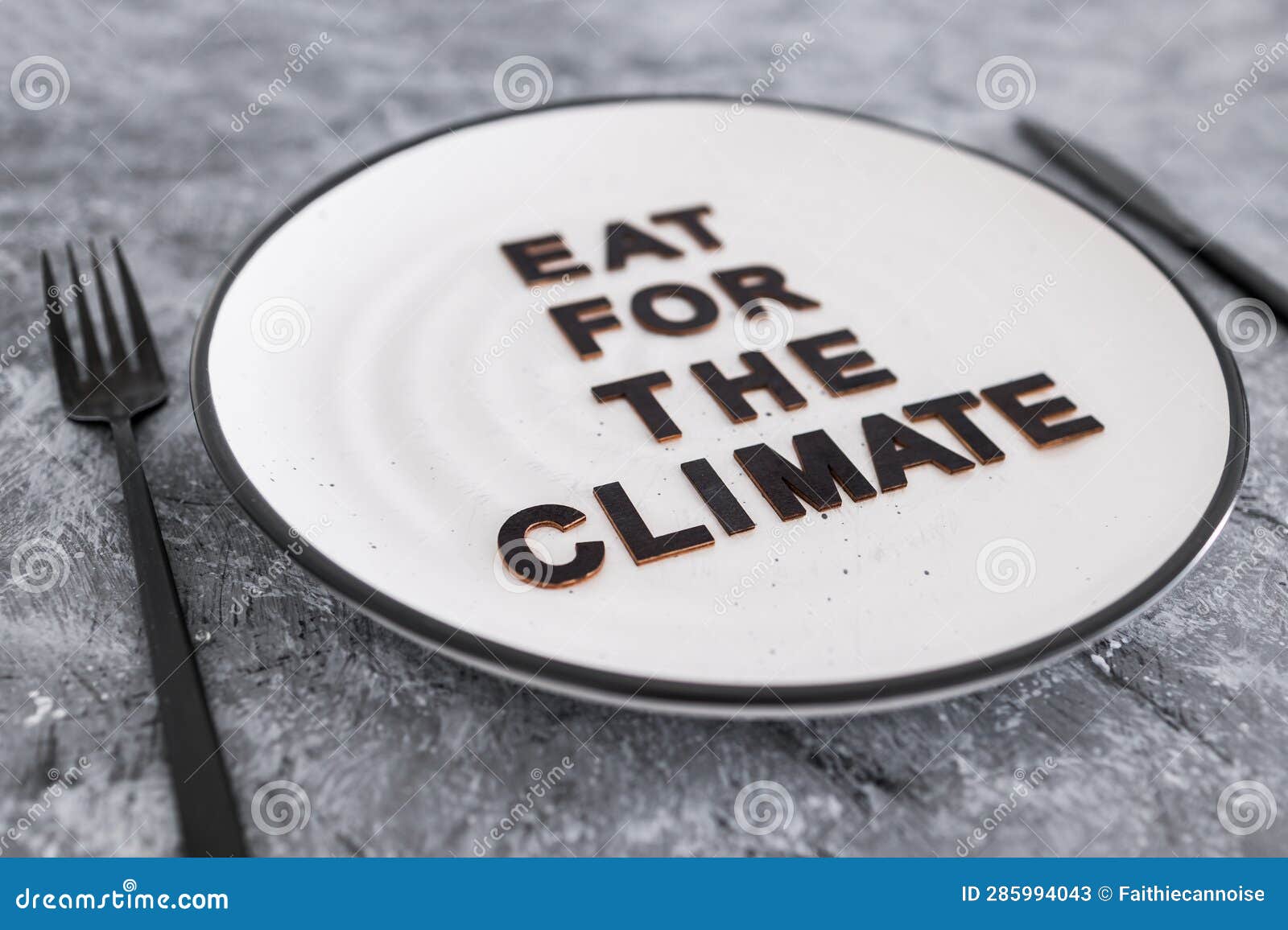 Sustainable Diet, Eat for the Climate Text on Plate with Fork and Knife ...
