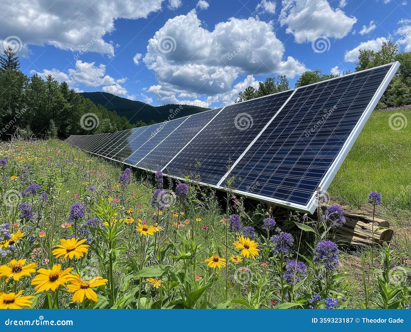 Solar Panels Nestled in a Vibrant Wildflower Meadow. Stock Illustration ...