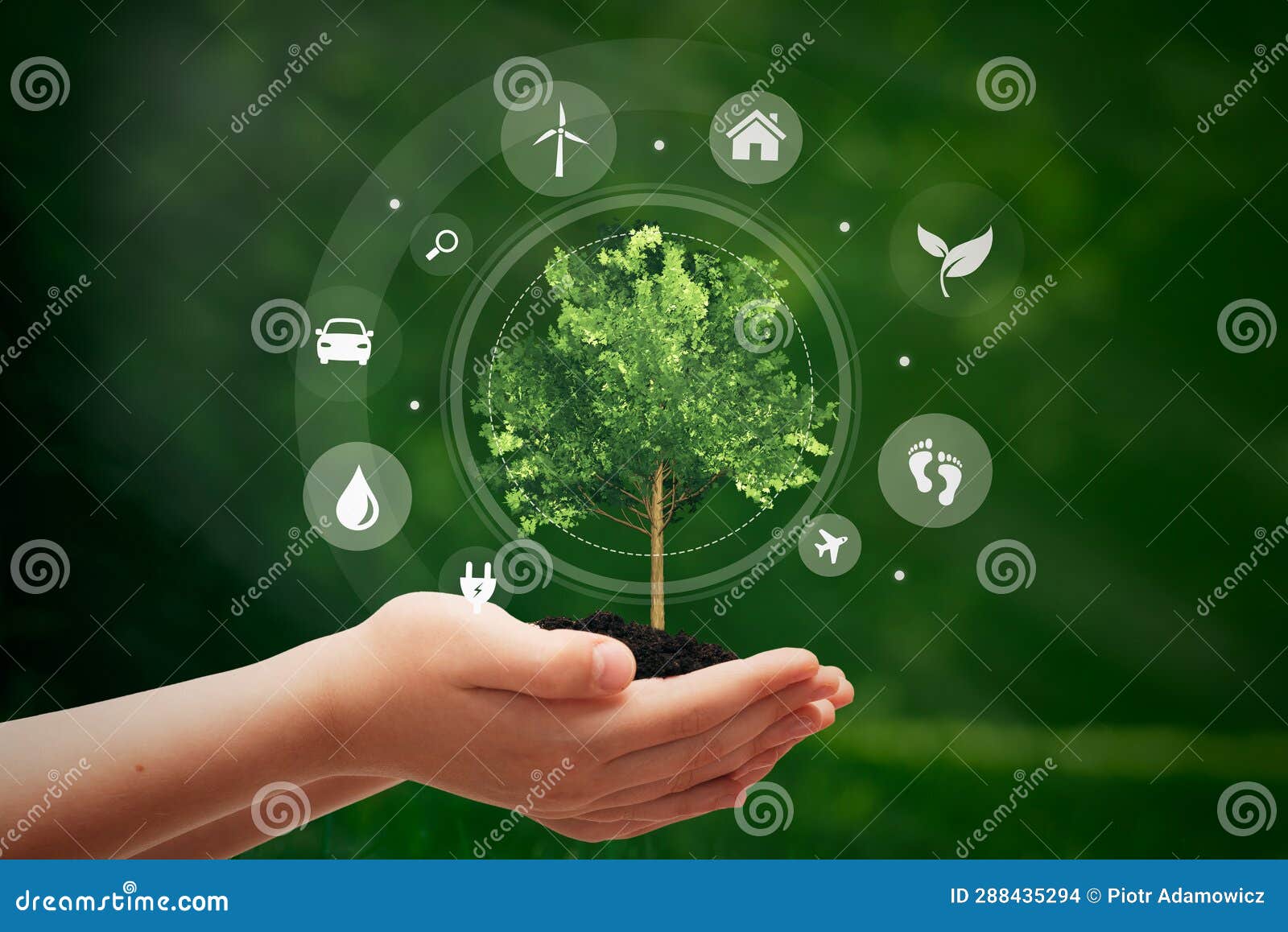 Sustainable Energy Sources with Tree in Hands Stock Illustration ...