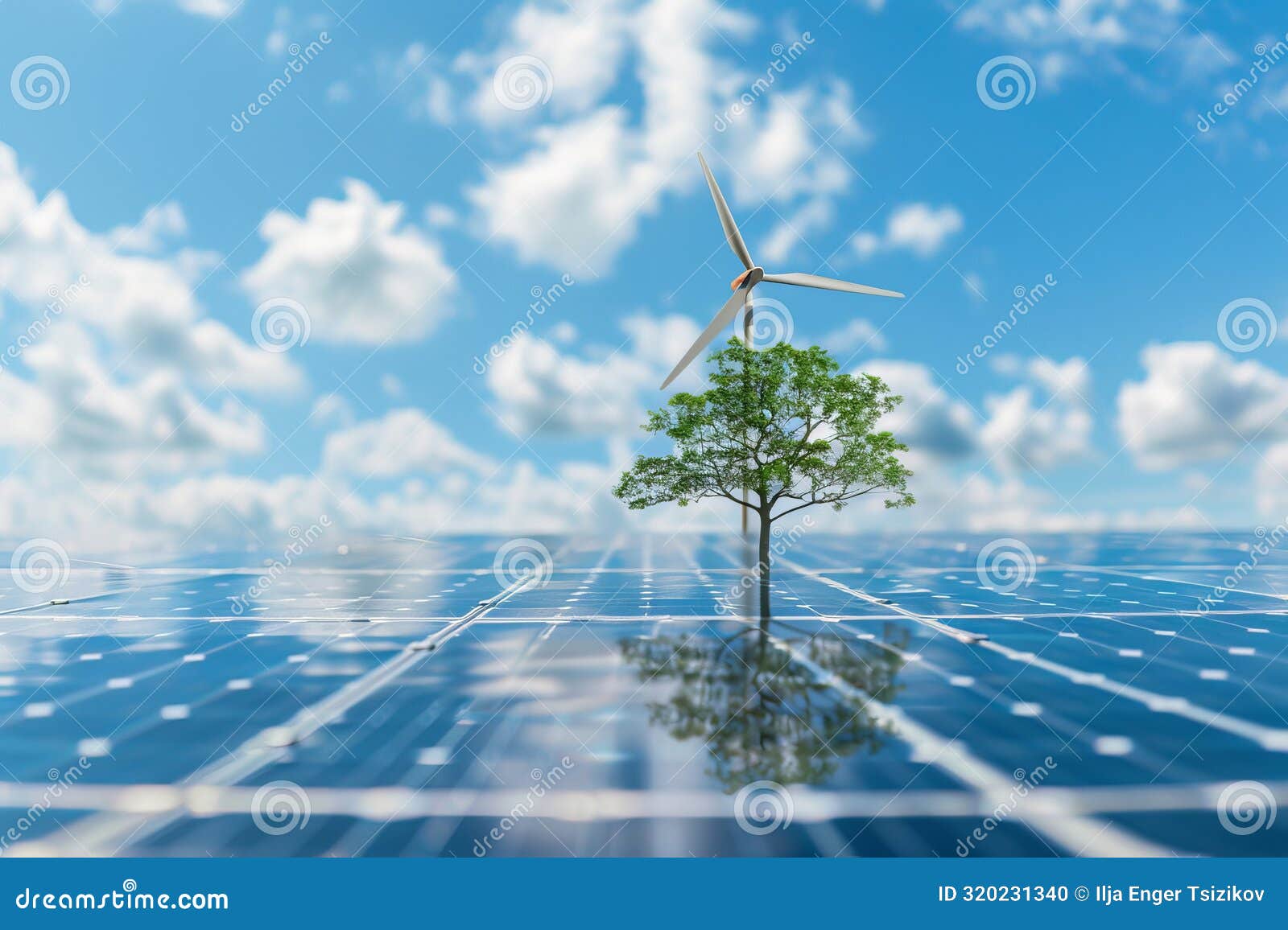 Sustainable Energy Wind Turbine, Solar Panel, and Tree in Harmonious ...