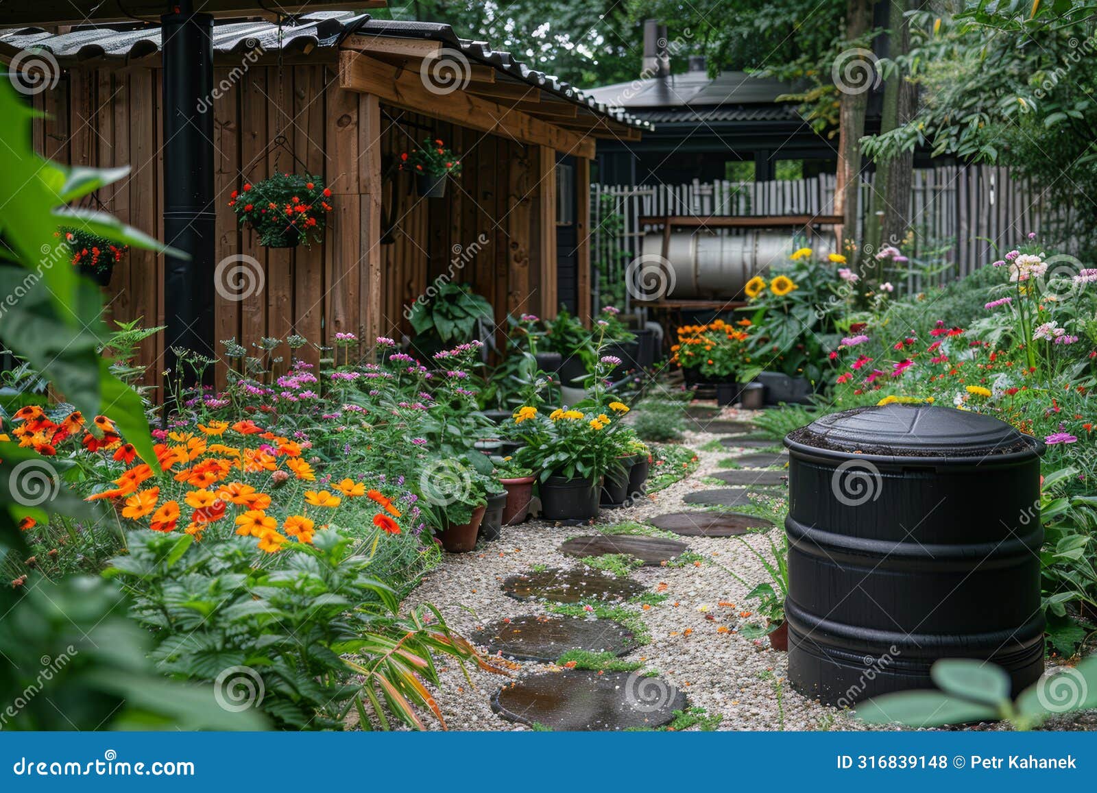 A Sustainable Garden with a Compost Bin and Rainwater Collection System ...