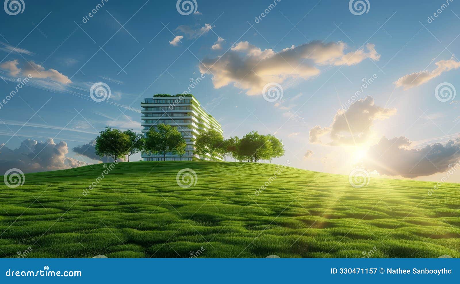 Sustainable Green Building on a Sunny Landscape Stock Illustration ...