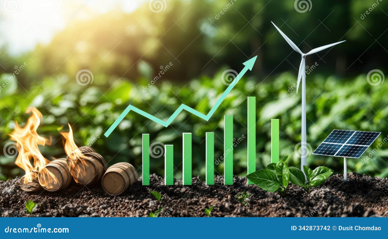 Sustainable Growth is Represented by Bar Graph, Wind Turbine, and Solar ...