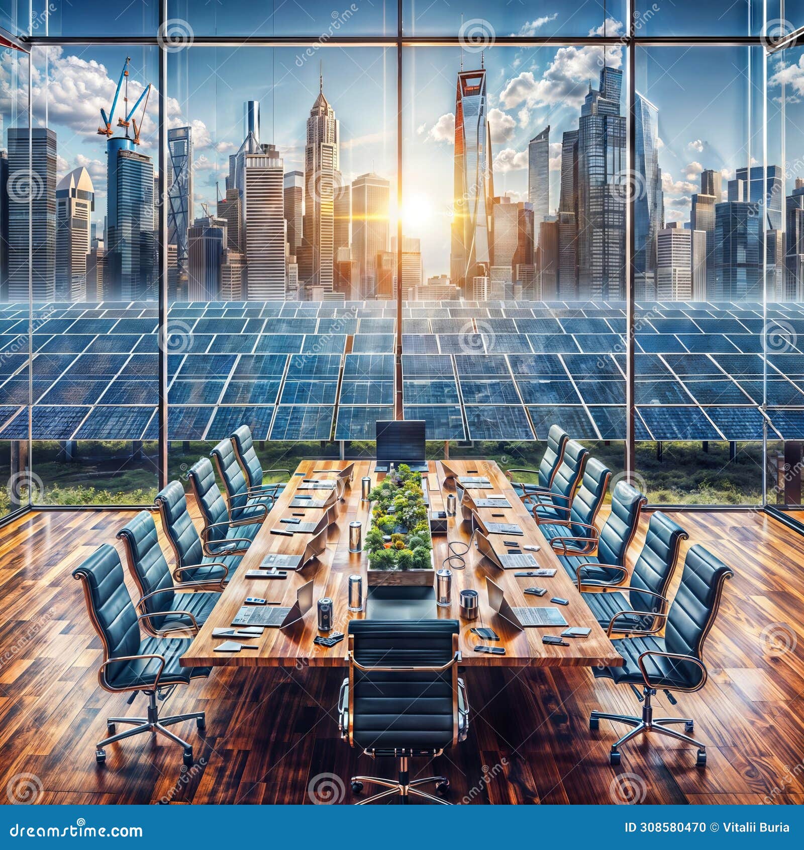 Sustainable Meetings: Conference Room with Solar Panel View, Generative ...