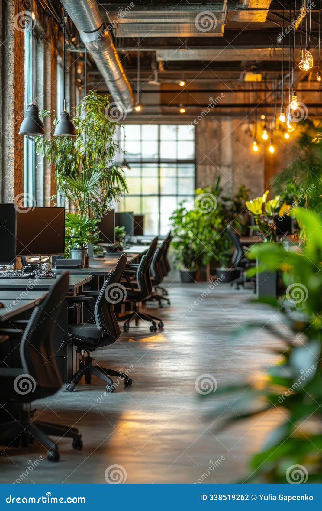 Sustainable Office Workspace Featuring Greenery and Natural Light in an ...
