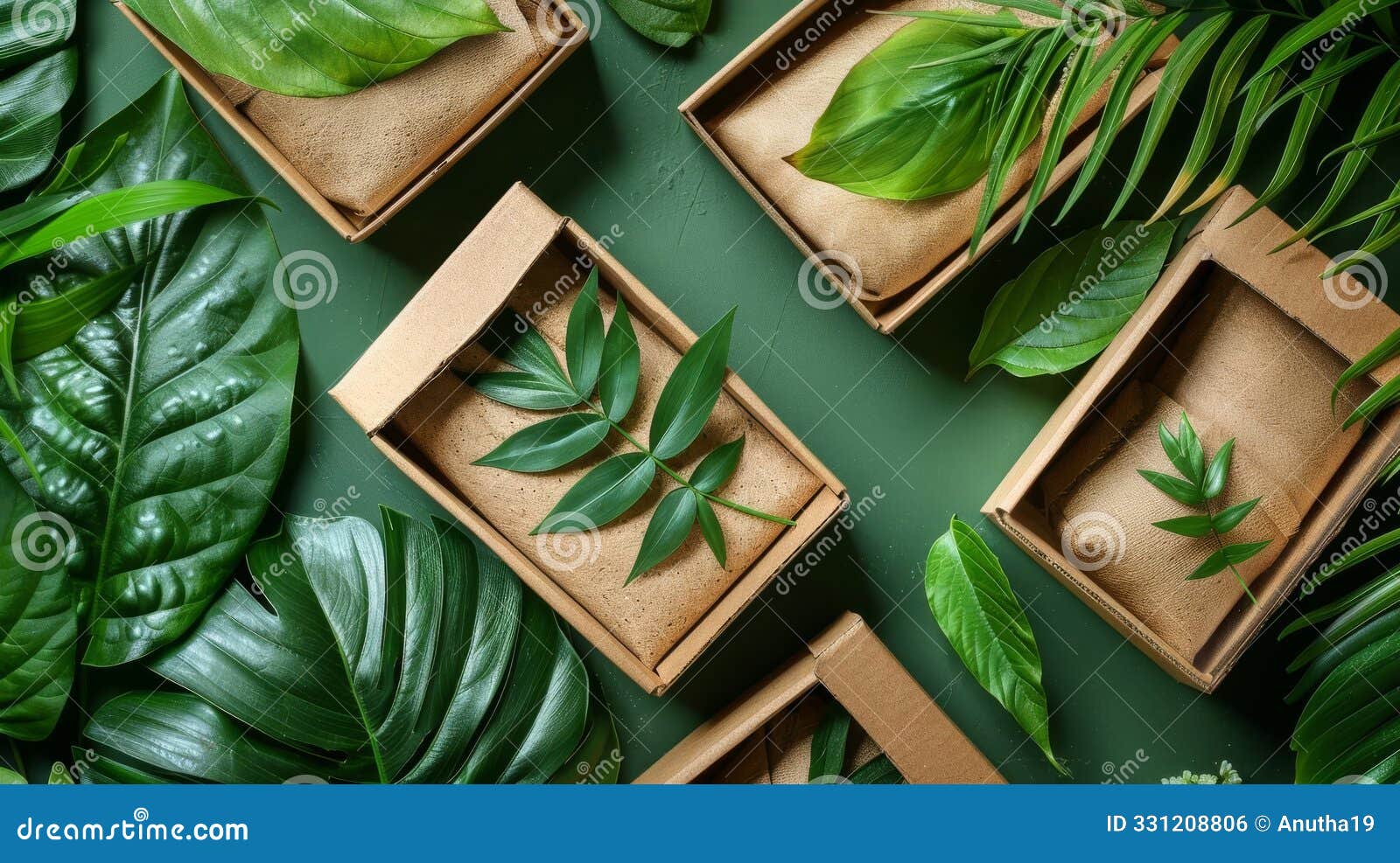 Sustainable Packaging with Leaf Accents on Green Background Stock ...