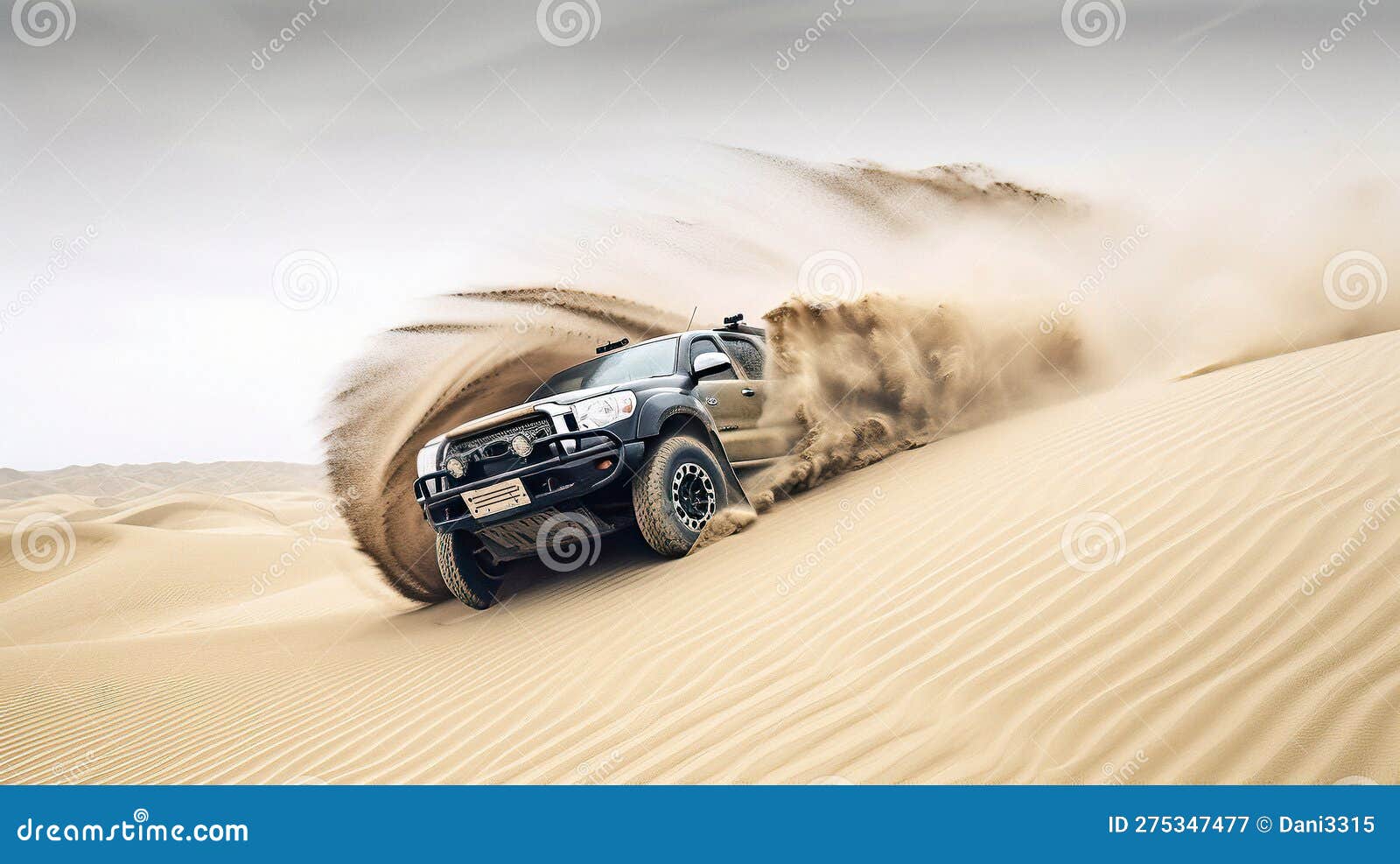 SUV Drives Through Desert Dunes, Kicking Up Dust Stock Photography ...
