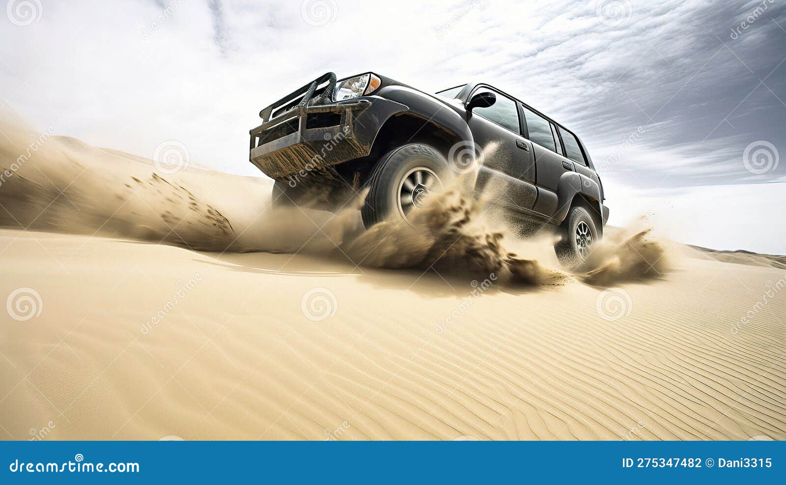 SUV Drives Through Desert Dunes, Kicking Up Dust Stock Photography ...