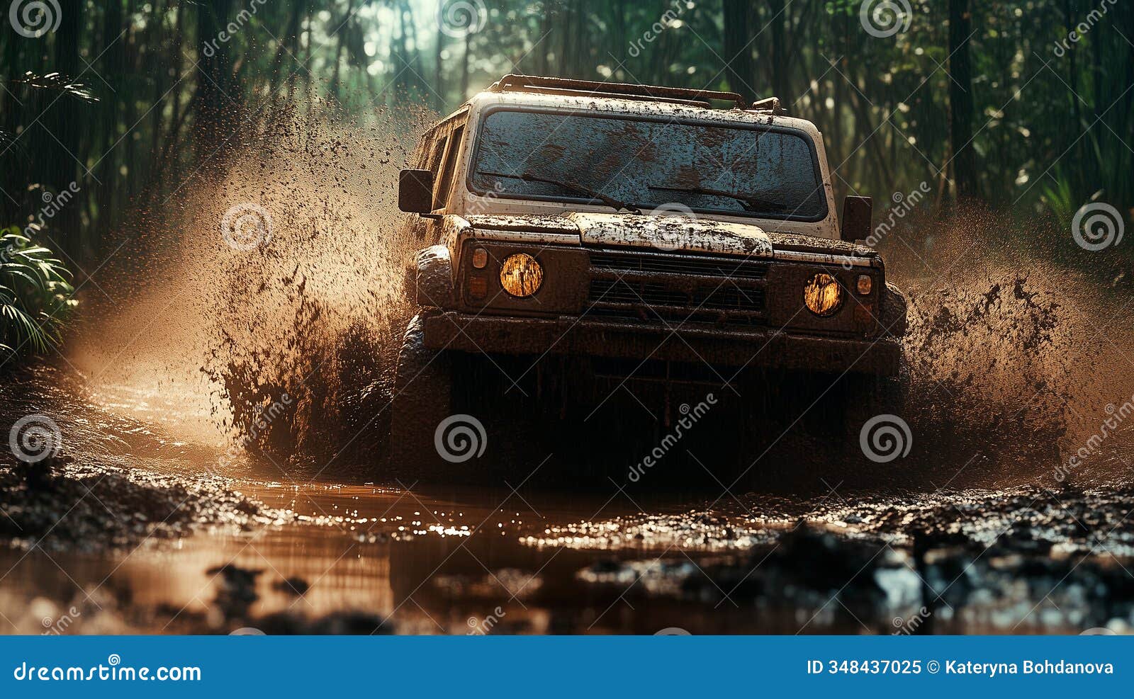 SUV Driving through Deep Mud, Front View, Wheels Splashing Mud, Close ...