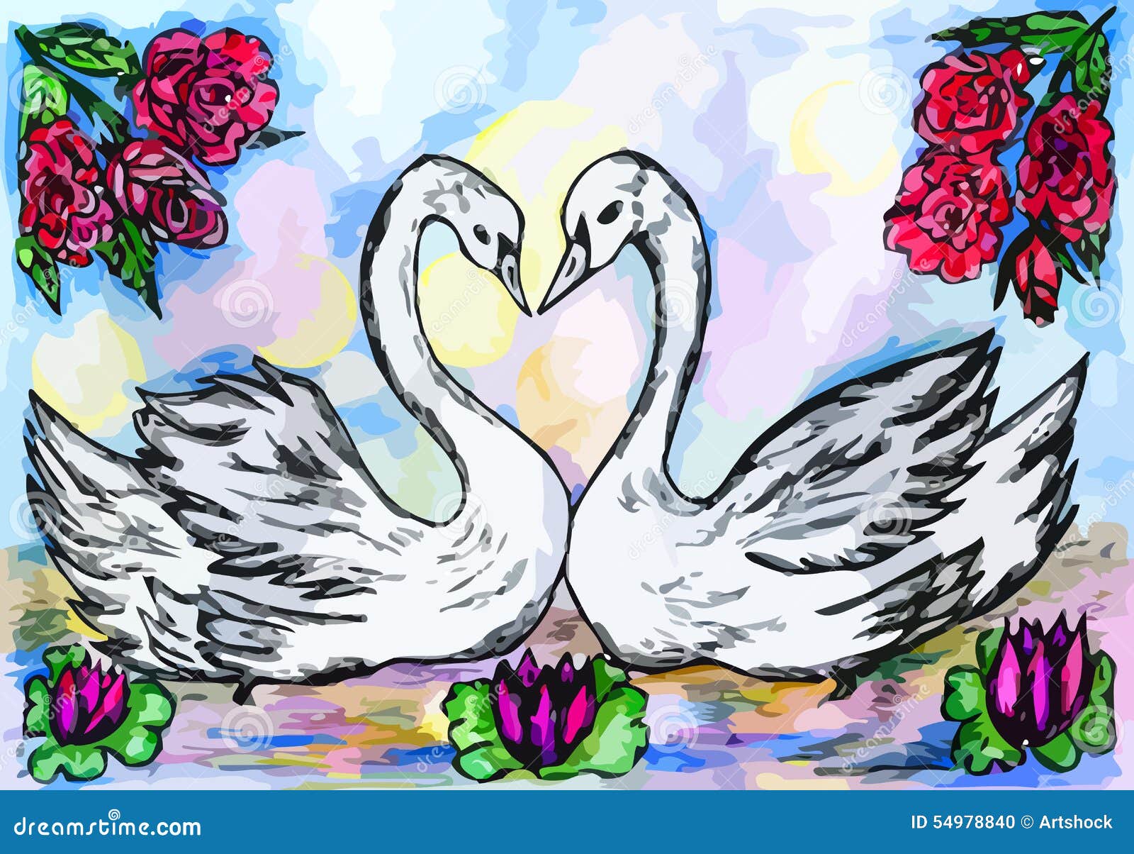 Svanar i dammet skissar vektor illustrationer. Illustration av liggande ...