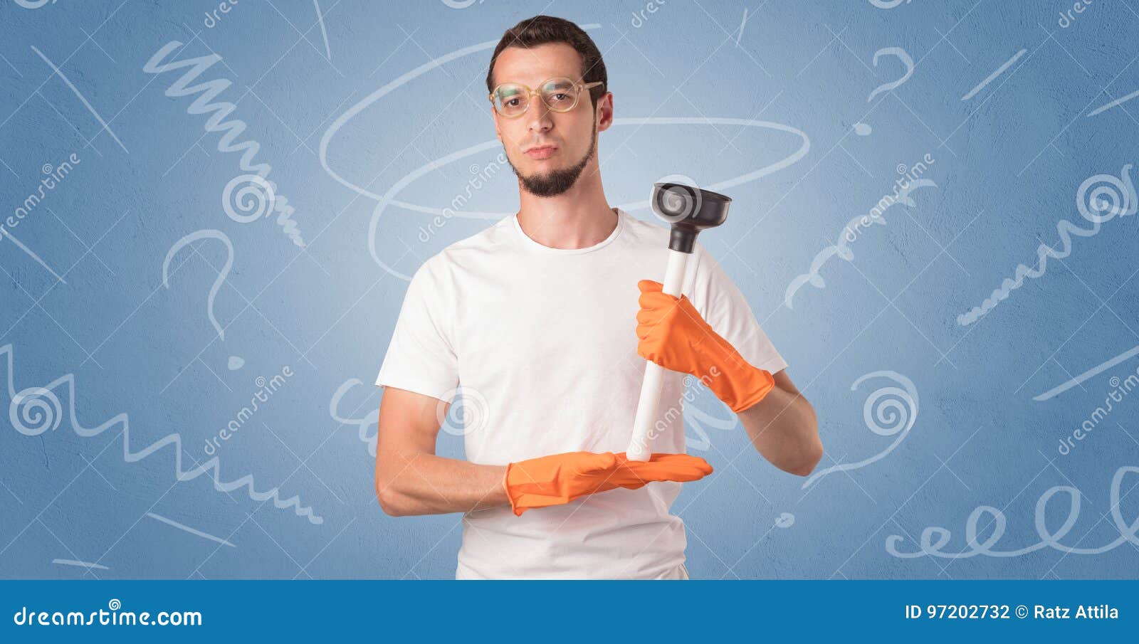 Swabber with Orange Rubber Gloves Stock Photo - Image of cleaning, blue ...