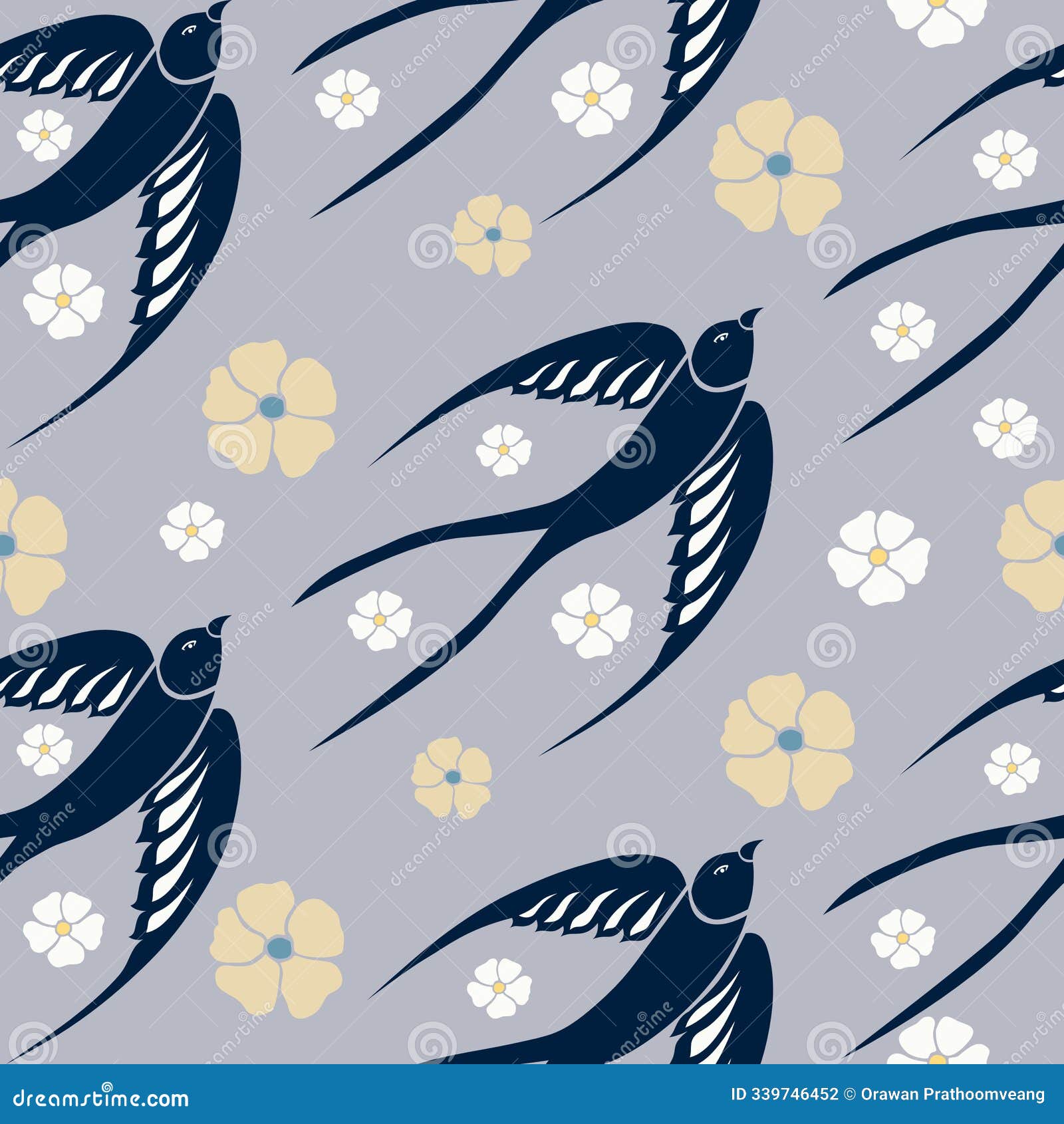 Swallow Fabric Pattern Silhouettes Style with Jasmine Flowers Stock ...