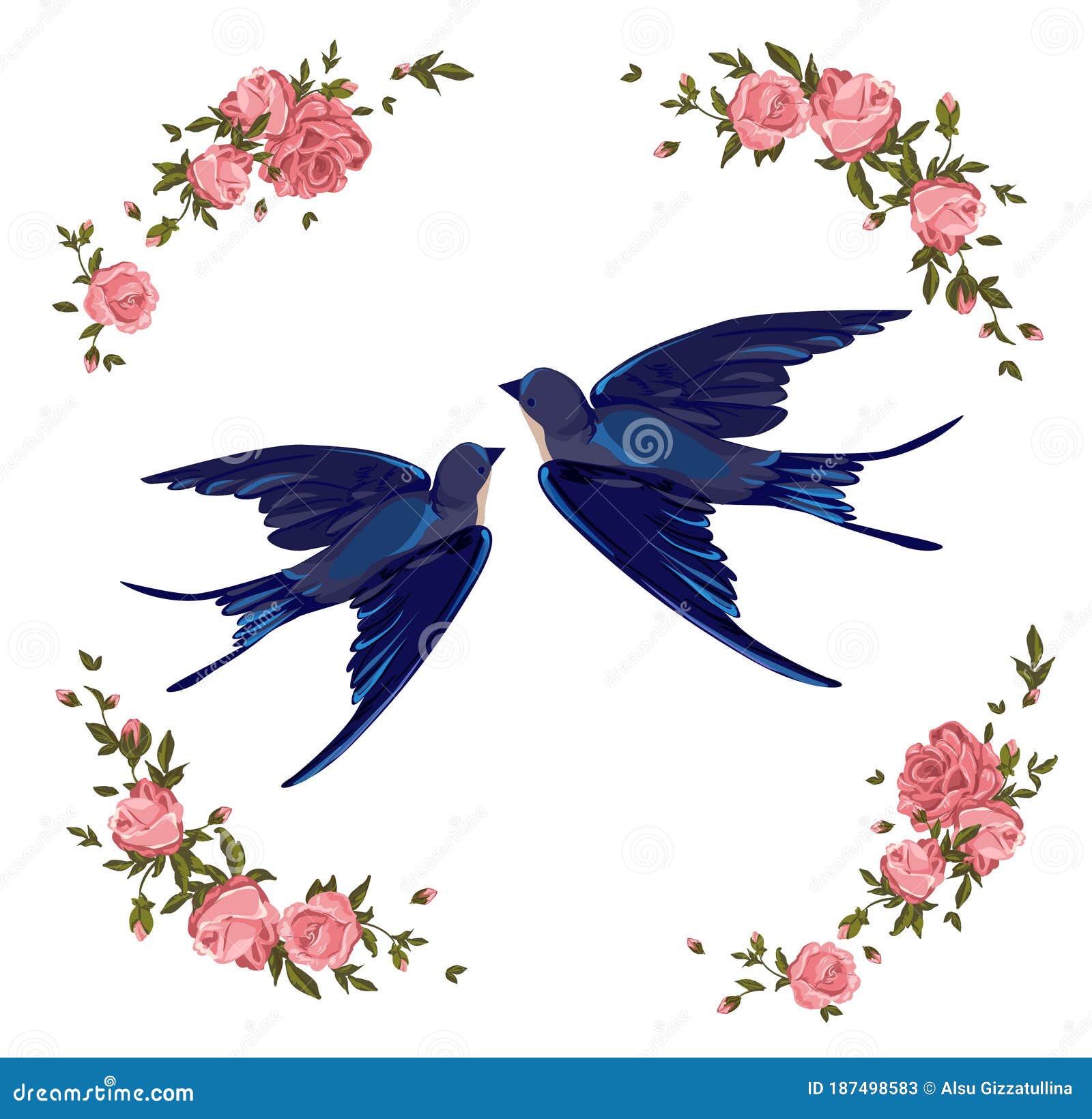 Swallow and Flowers Vector Illustration. Bird Flying, Bird Silhouette ...
