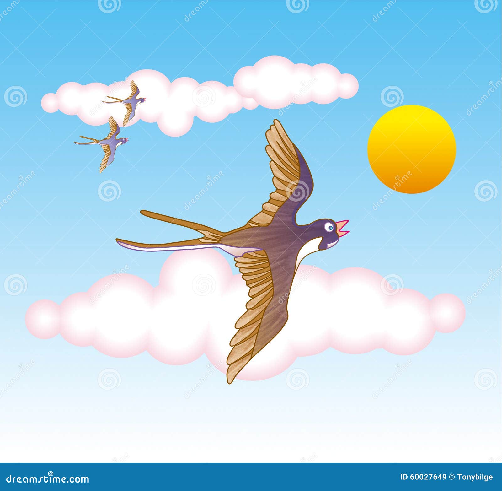 Swallows flying in the sky stock illustration. Illustration of ...