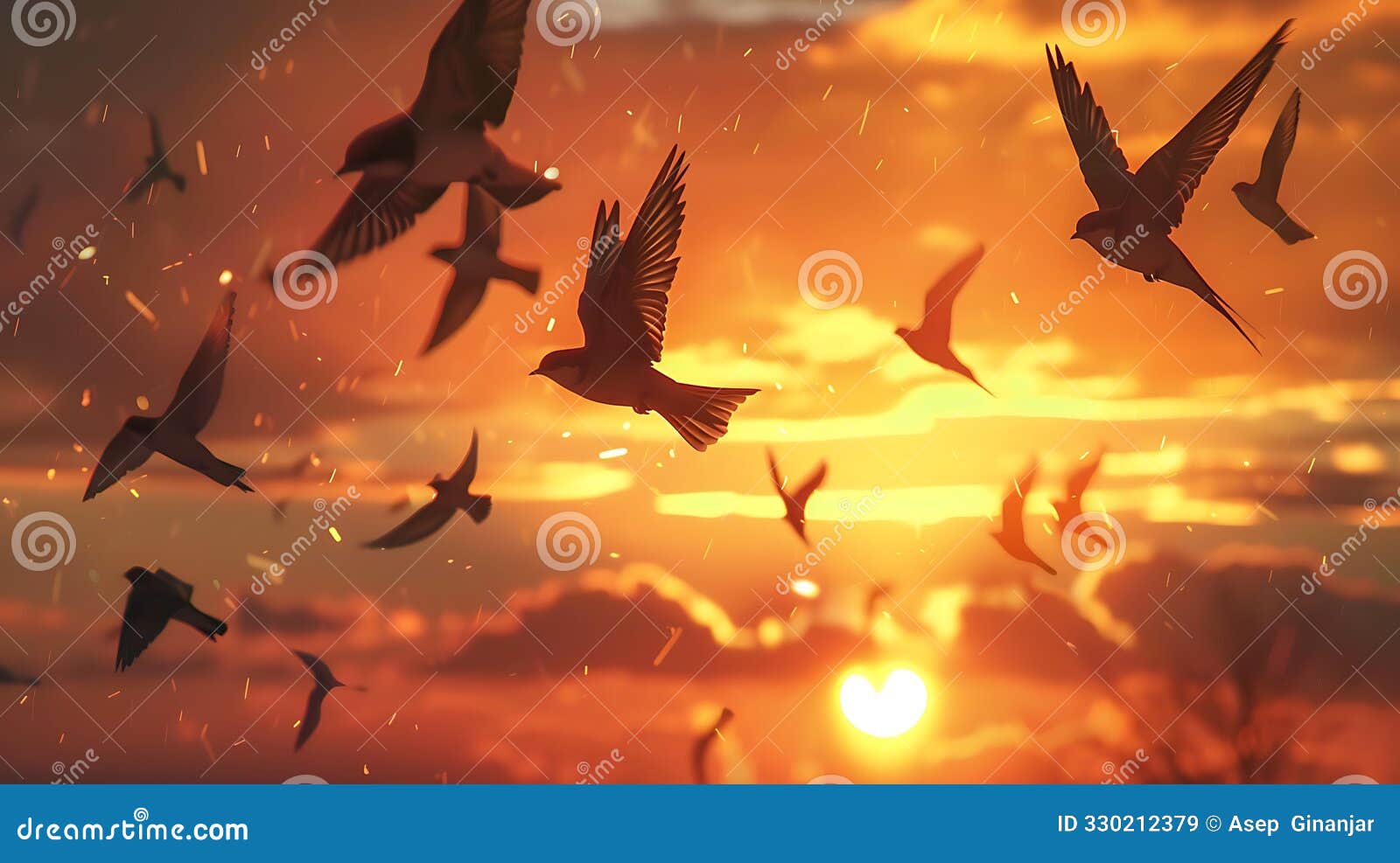 Swallows Flying in a Sunset Sky Stock Illustration - Illustration of ...