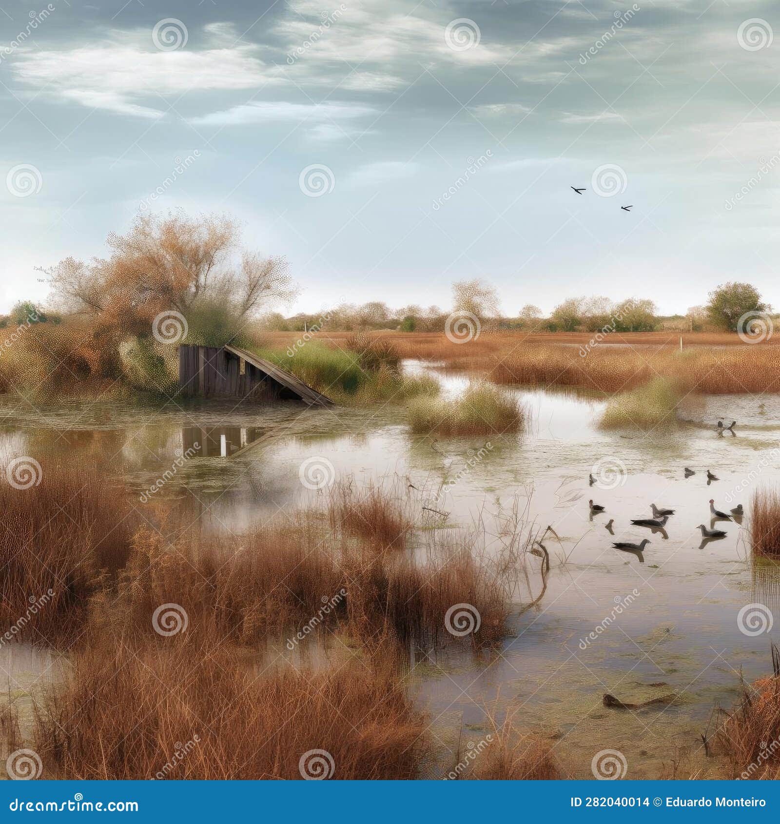 A Swamp with Birds Flying in the Sky Stock Illustration - Illustration ...