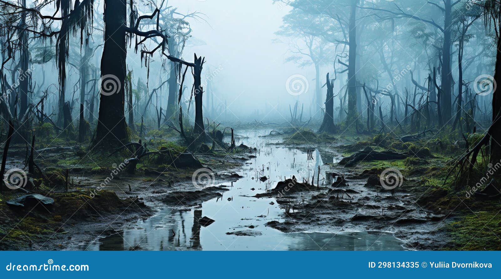 Swamp Forest with a Light Mist. Quagmire in the Spring Green Forest ...