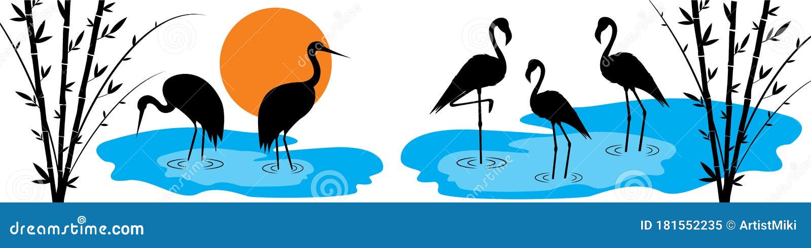 Palm Tree Illustration and Flamingo Birds Silhouettes on Sunset, Vector ...