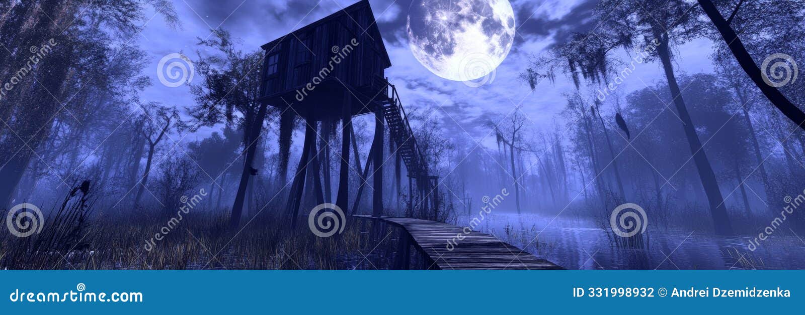 Swamp at Night with an Observation Tower and Wooded Path Under a Full ...