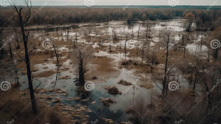 Swamp, River and Trees Seen from Above Stock Illustration ...