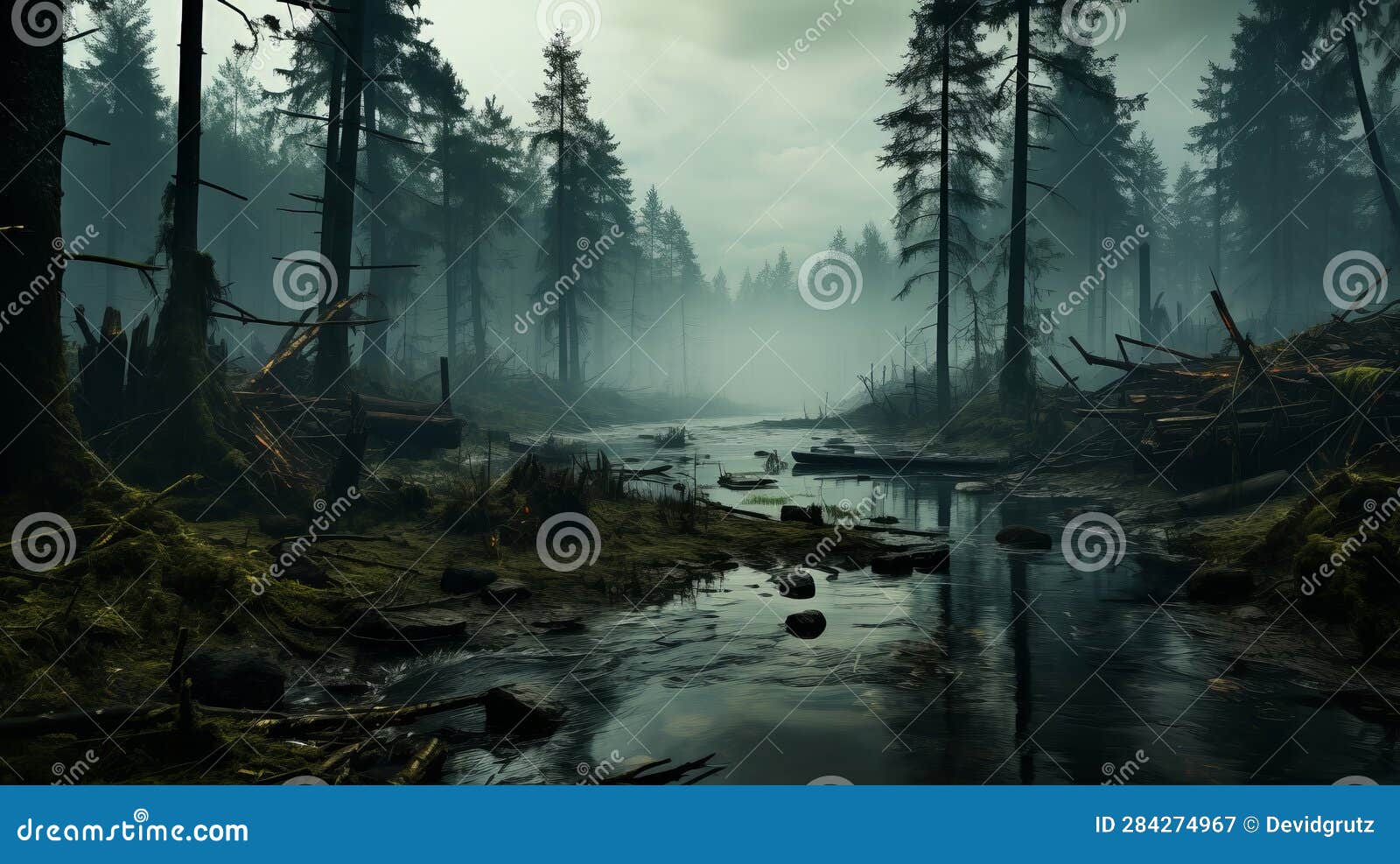 A Swamp with Trees and Fog. Generative AI. Stock Image - Image of ...