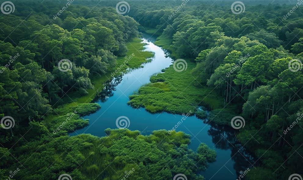 Swampy River in a Green Forest, Top View. Stock Photo - Image of ...