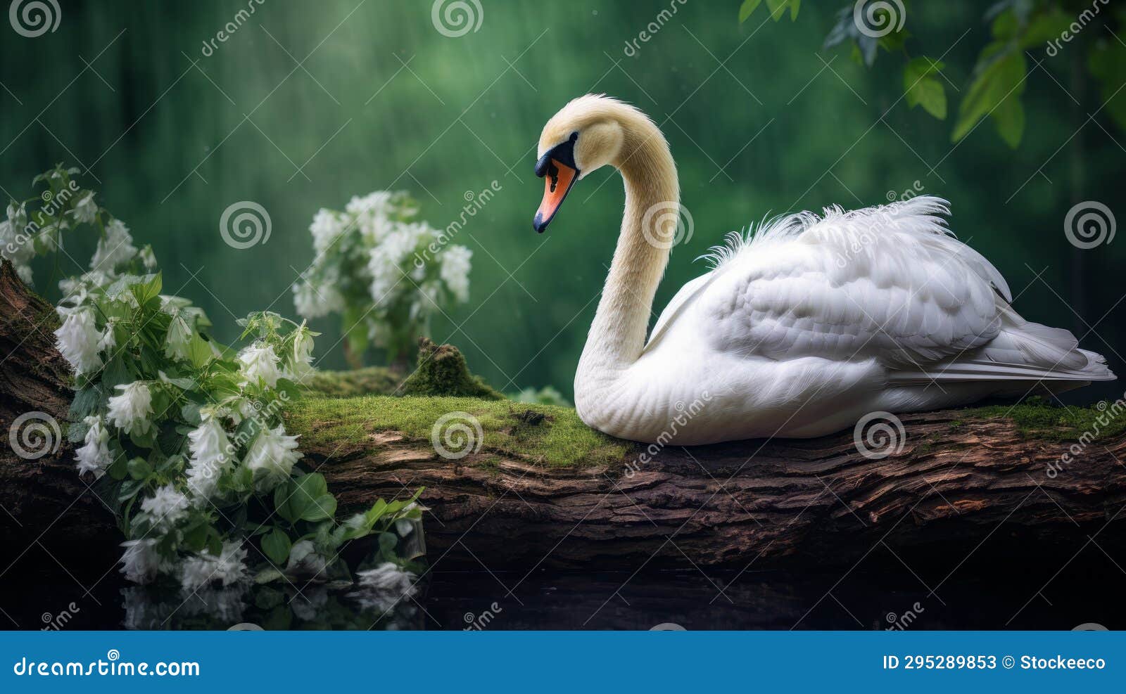 Dreamy Swan on Log: Nature-inspired Photography with Green Background ...