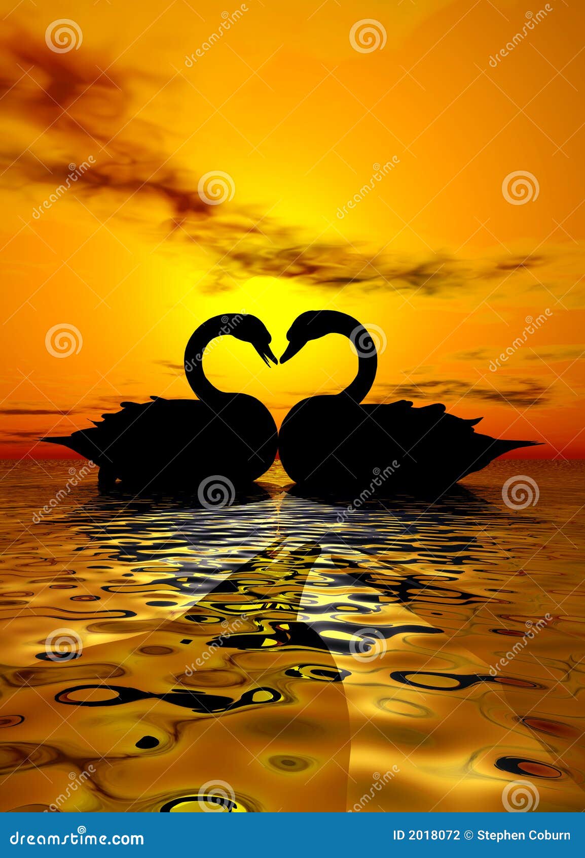 Swan Love in the Sunset stock illustration. Illustration of couple ...