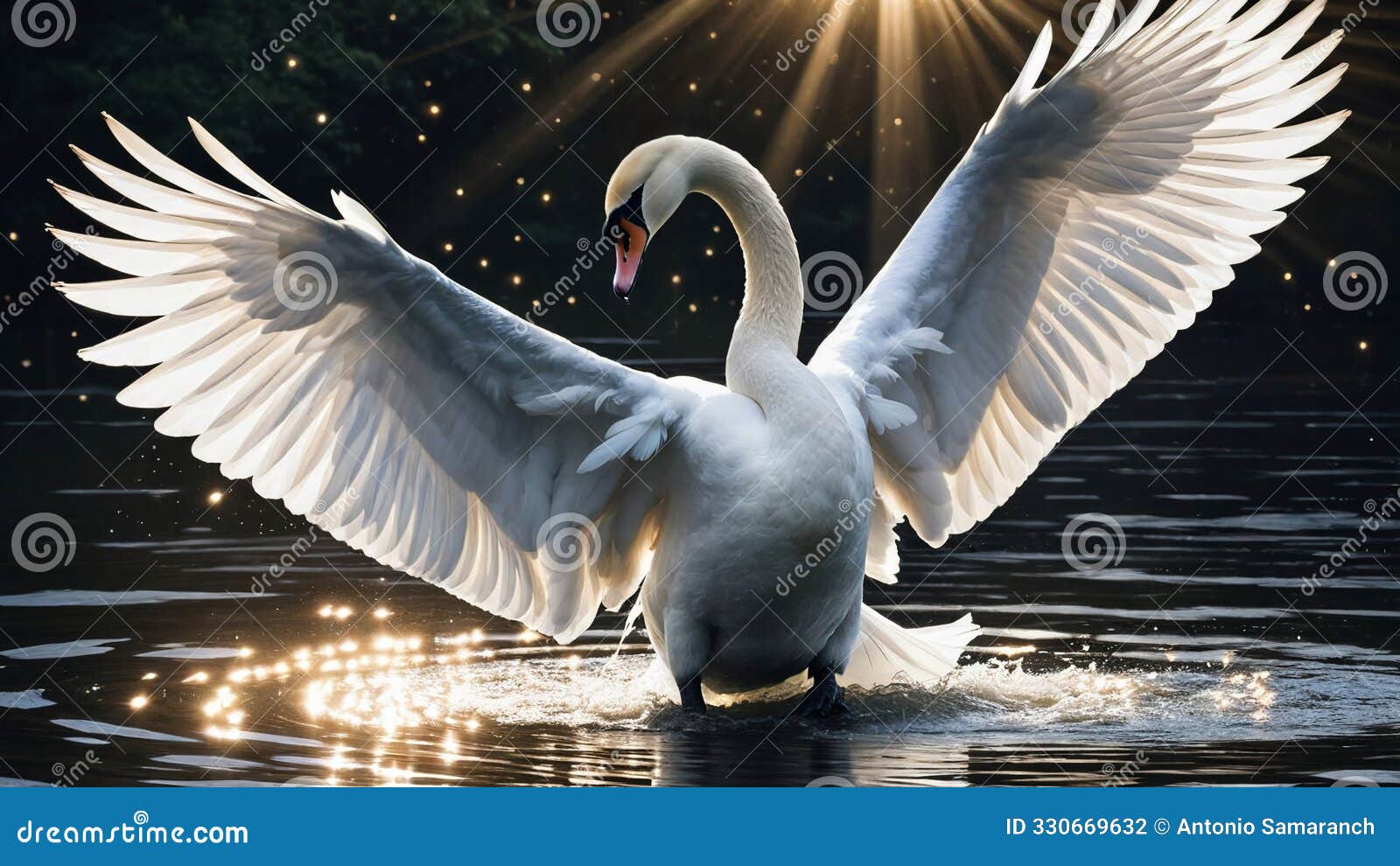 A Swan with Wings Outstretched in the Air with the Sun Shining Behind ...
