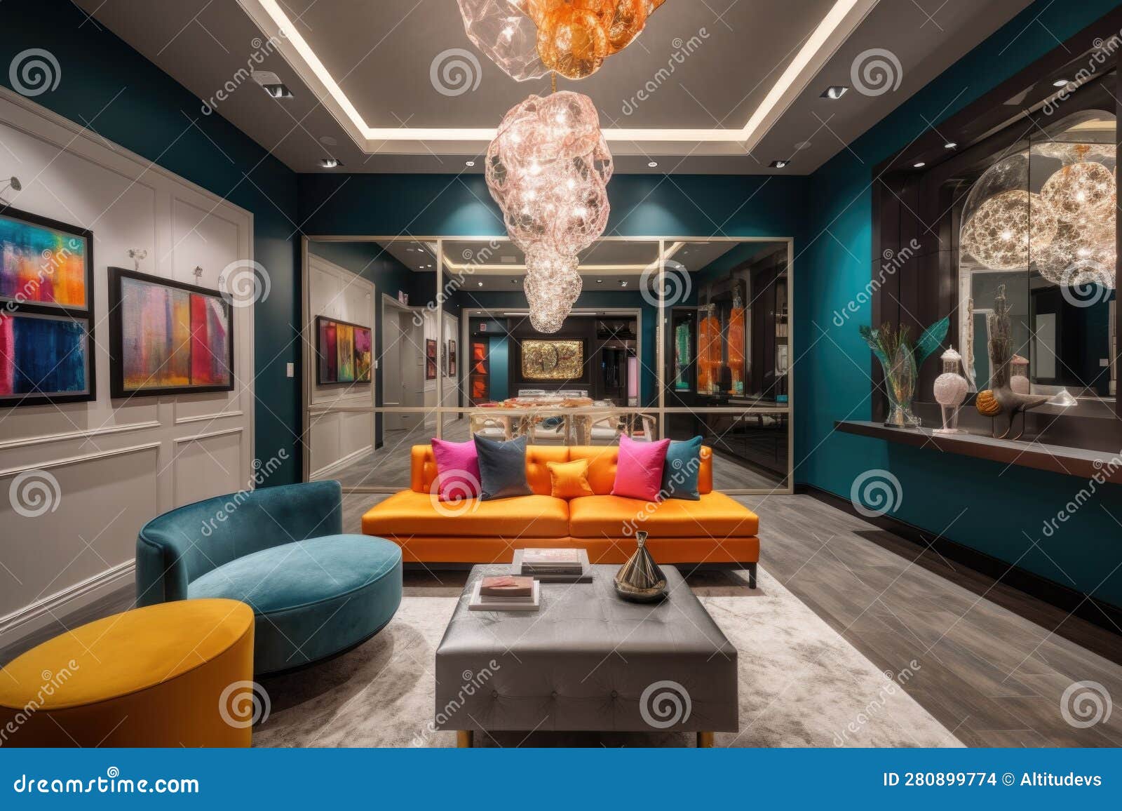 Swanky Reception with Sleek and Modern Decor, Accentuated by Pops of ...