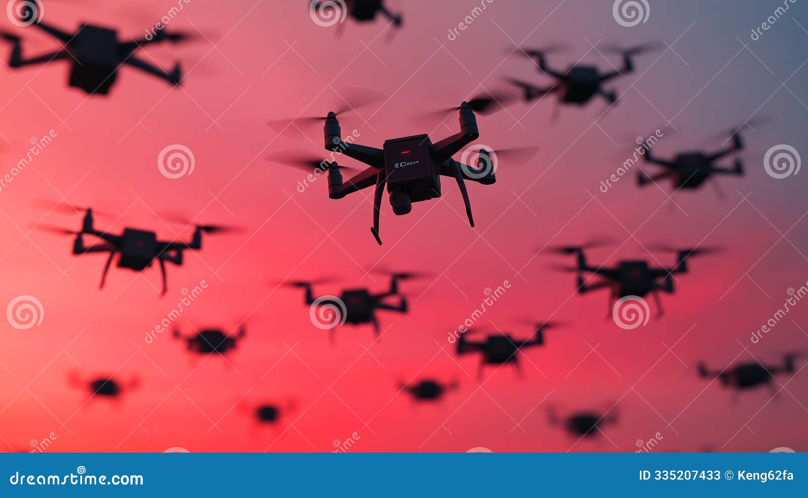 Drones Flying in Swarm Formation during Sunset, Highlighting ...
