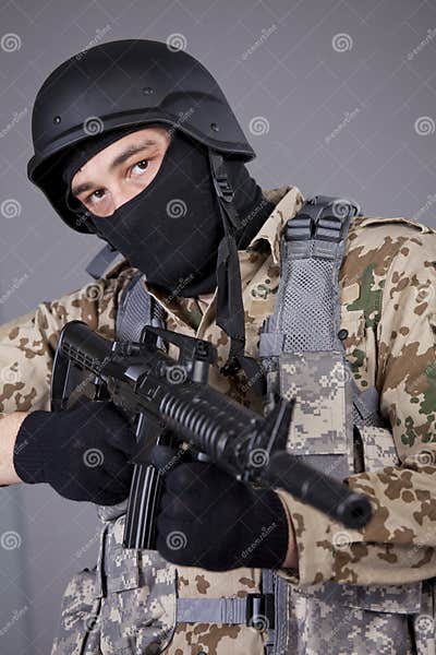 SWAT Commander with Machine Gun Stock Photo - Image of danger, goggles ...