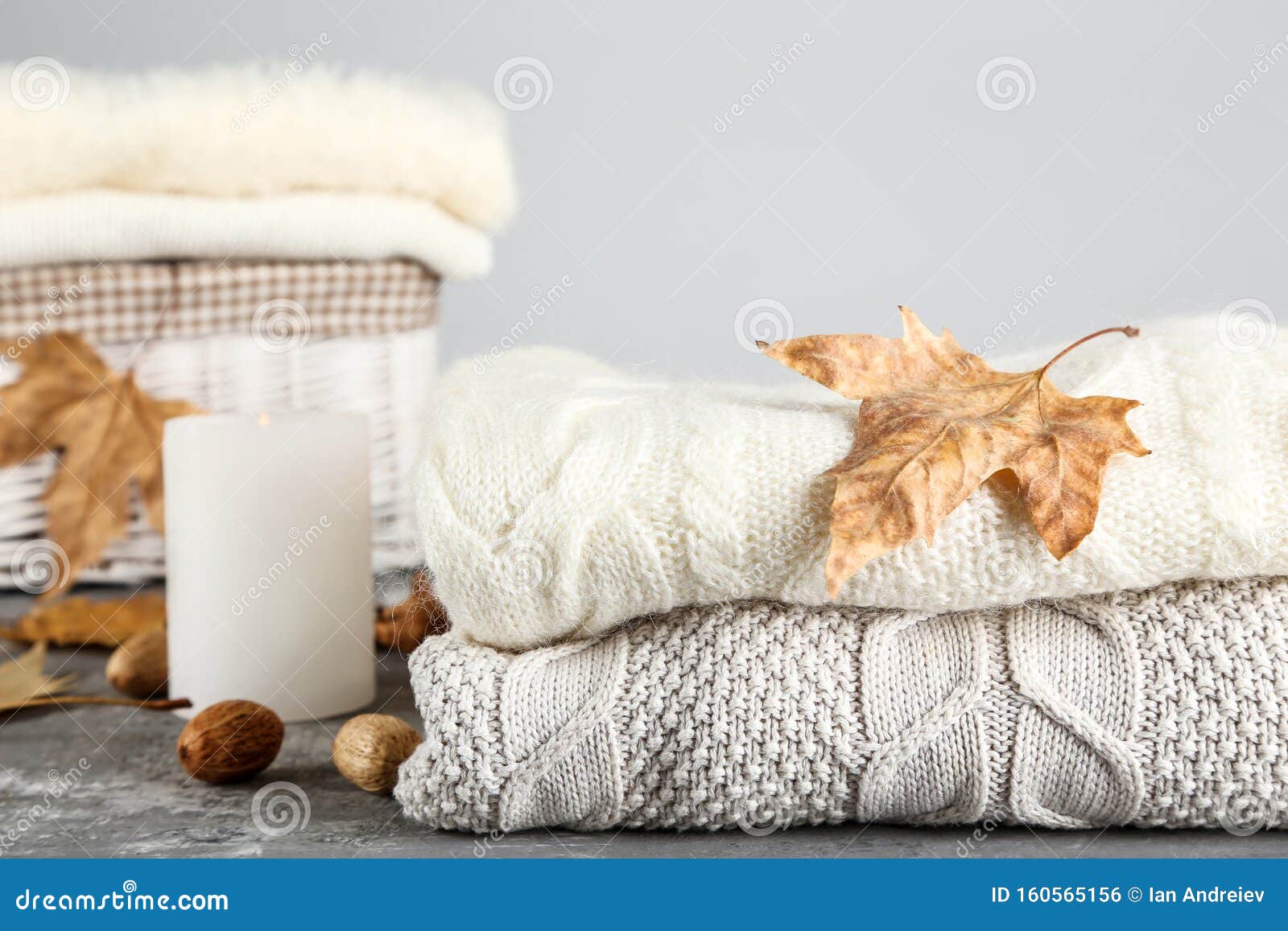Sweaters with Autumn Leafs and Candle Stock Photo - Image of knit ...