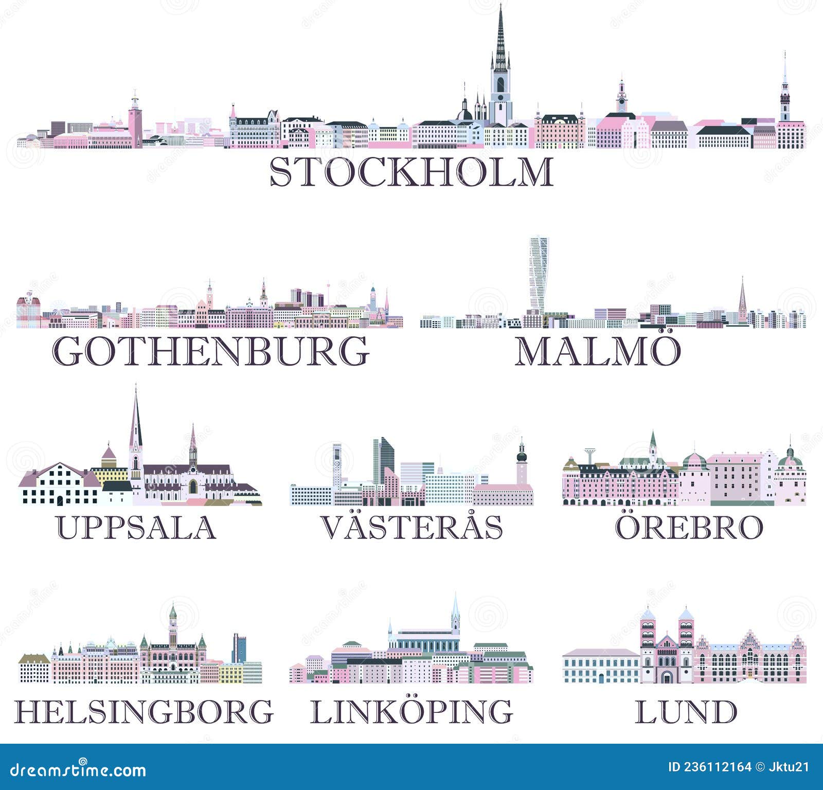 Swedish Cities Skylines Icons in Rich Pastel Bright Colorful Palette ...