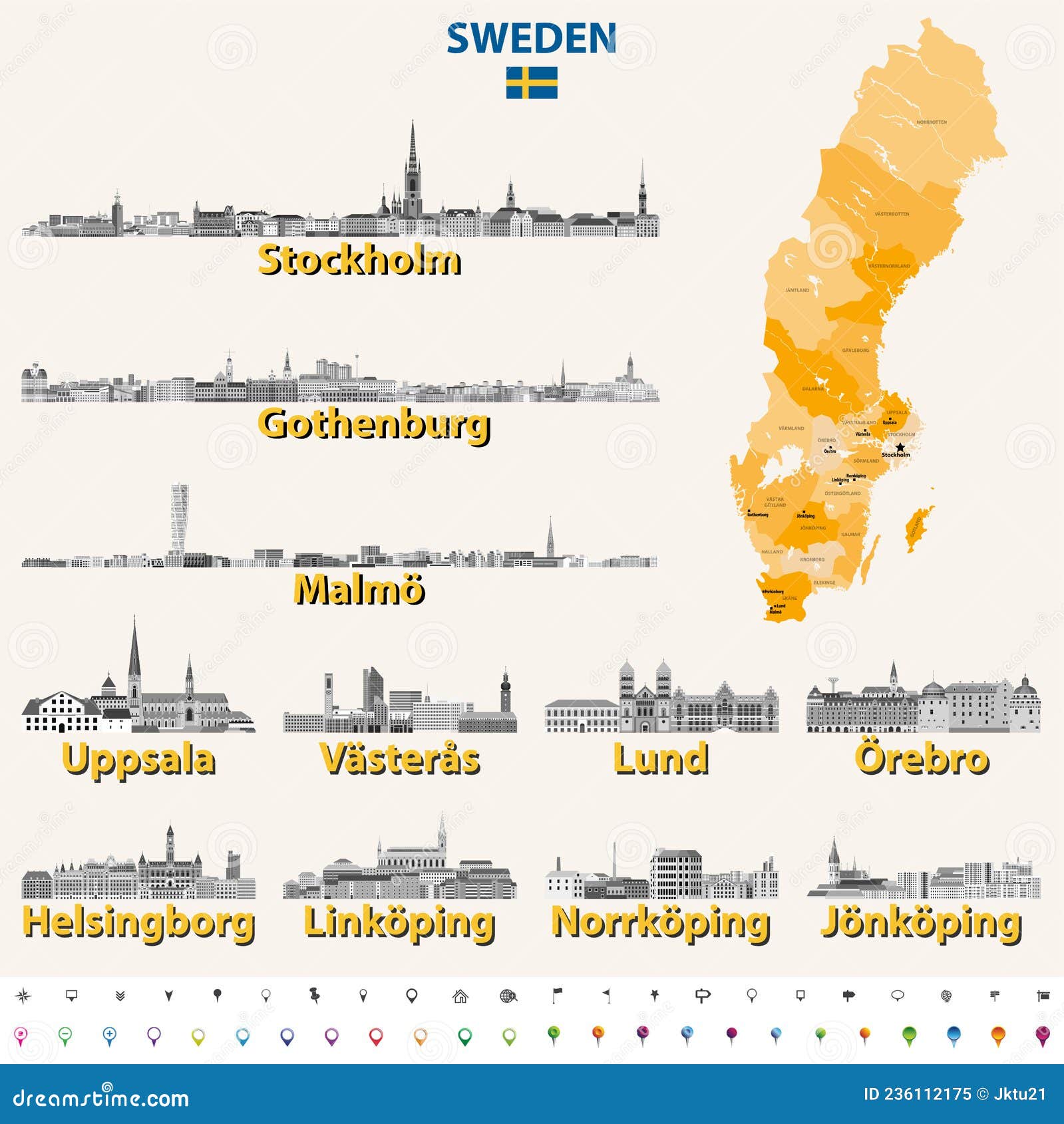 Swedish Skylines In Grayscale Color Palette. Flag And Map Of Sweden ...