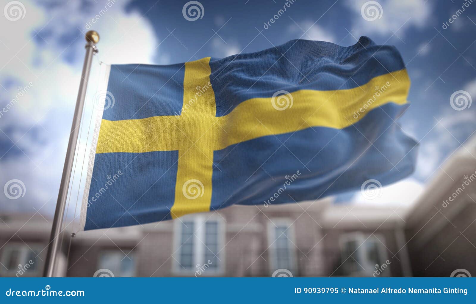 Sweden Flag 3D Rendering on Blue Sky Building Background Stock Image ...