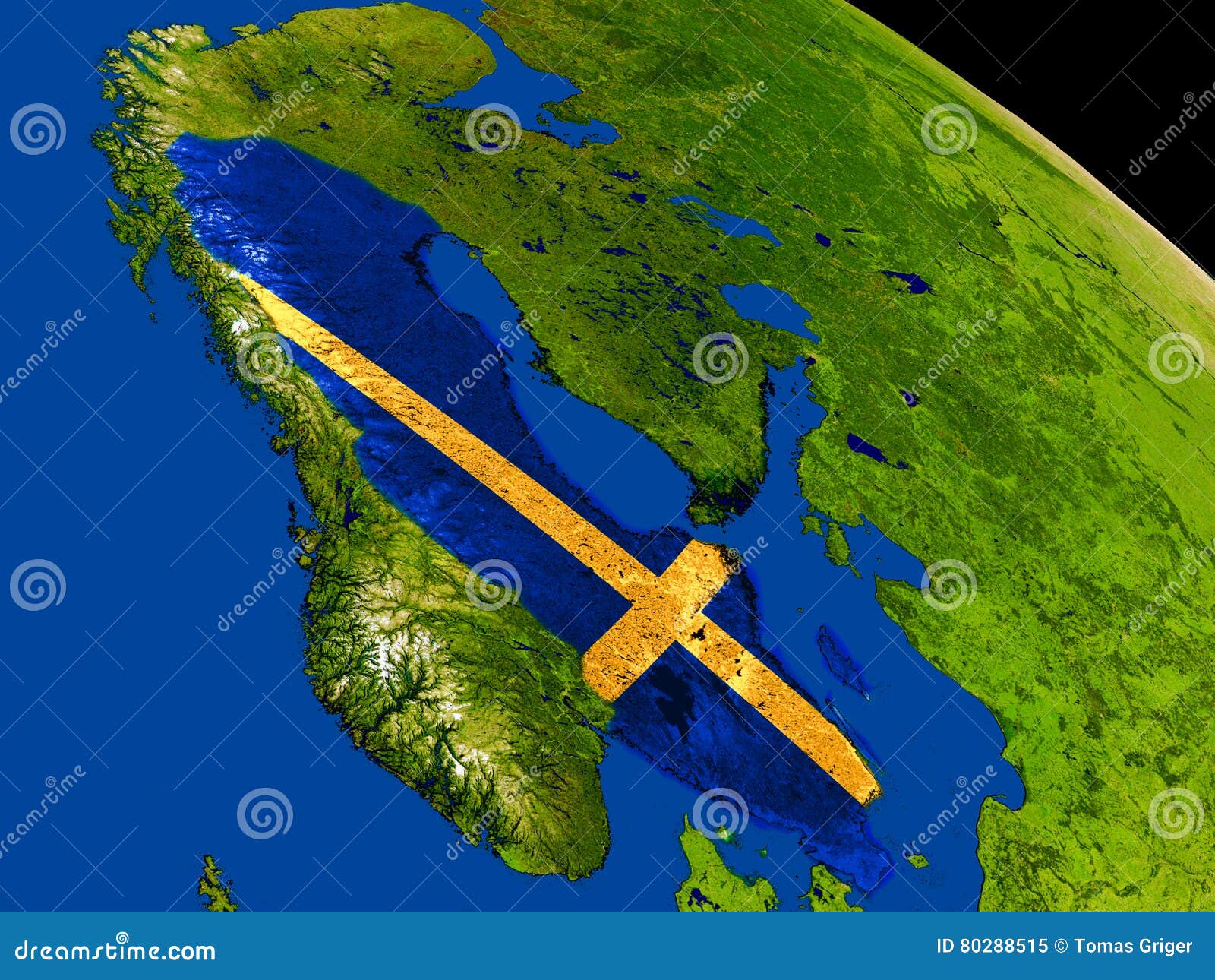 Sweden with flag on Earth stock illustration. Illustration of render ...