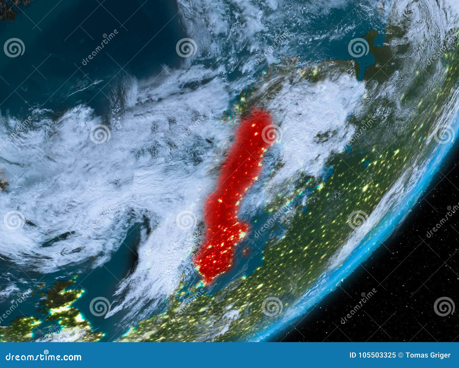 Orbit View of Sweden at Night Stock Illustration - Illustration of ...