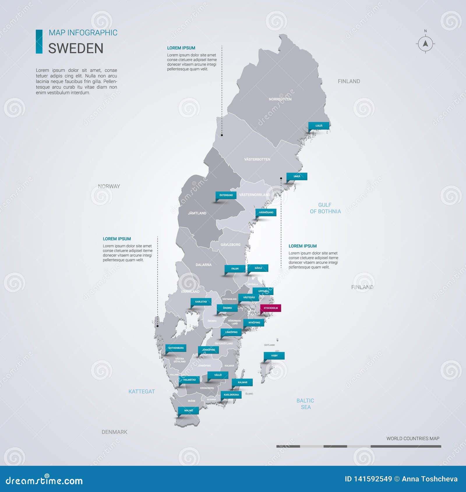 Sweden Vector Map with Infographic Elements, Pointer Marks Stock Vector ...