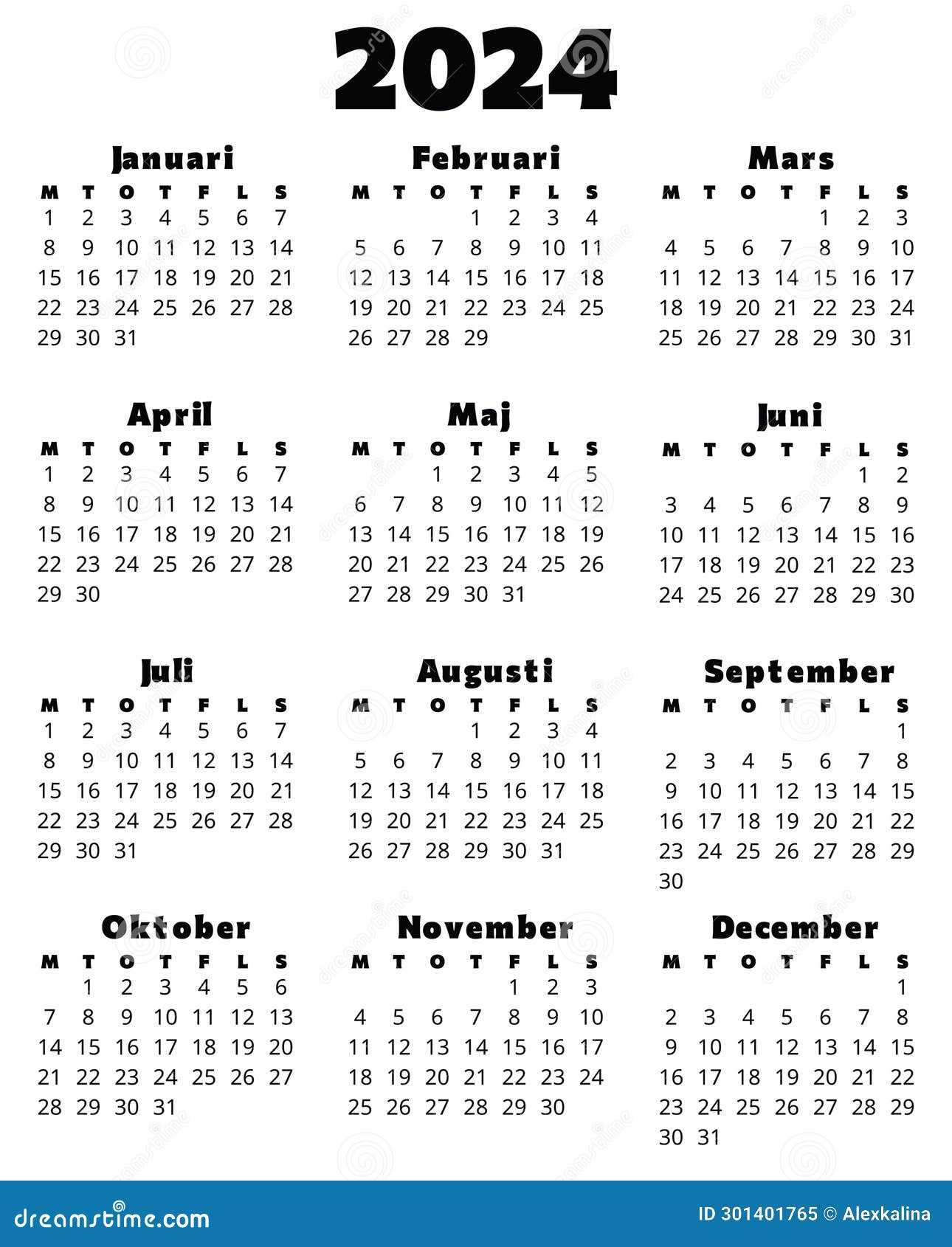 SWEDISH Calendar for 2024. Printable, Editable Vector Illustration for ...