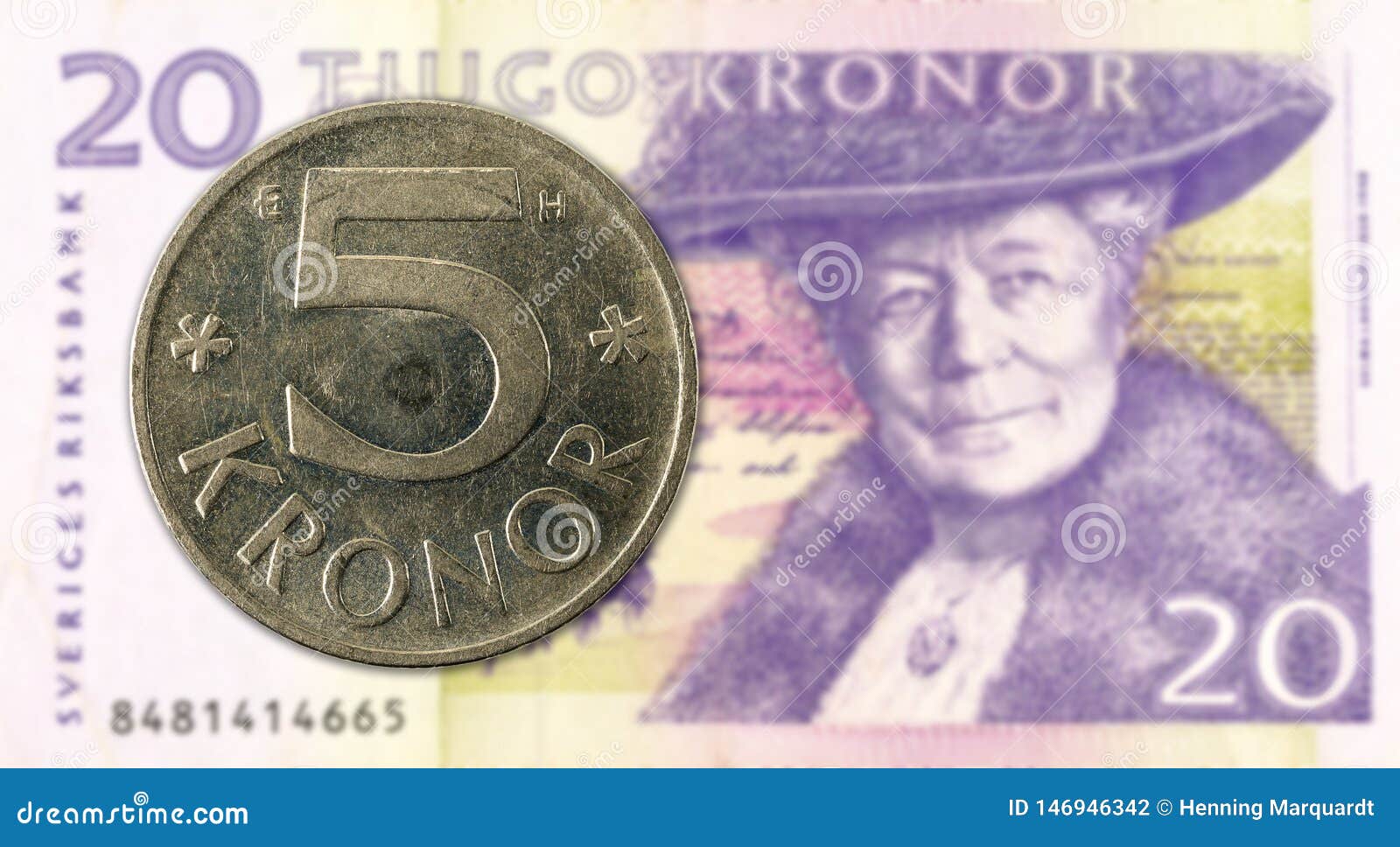 5 Swedish Krona Coin Against 20 Swedish Krona Bank Note Stock Photo ...