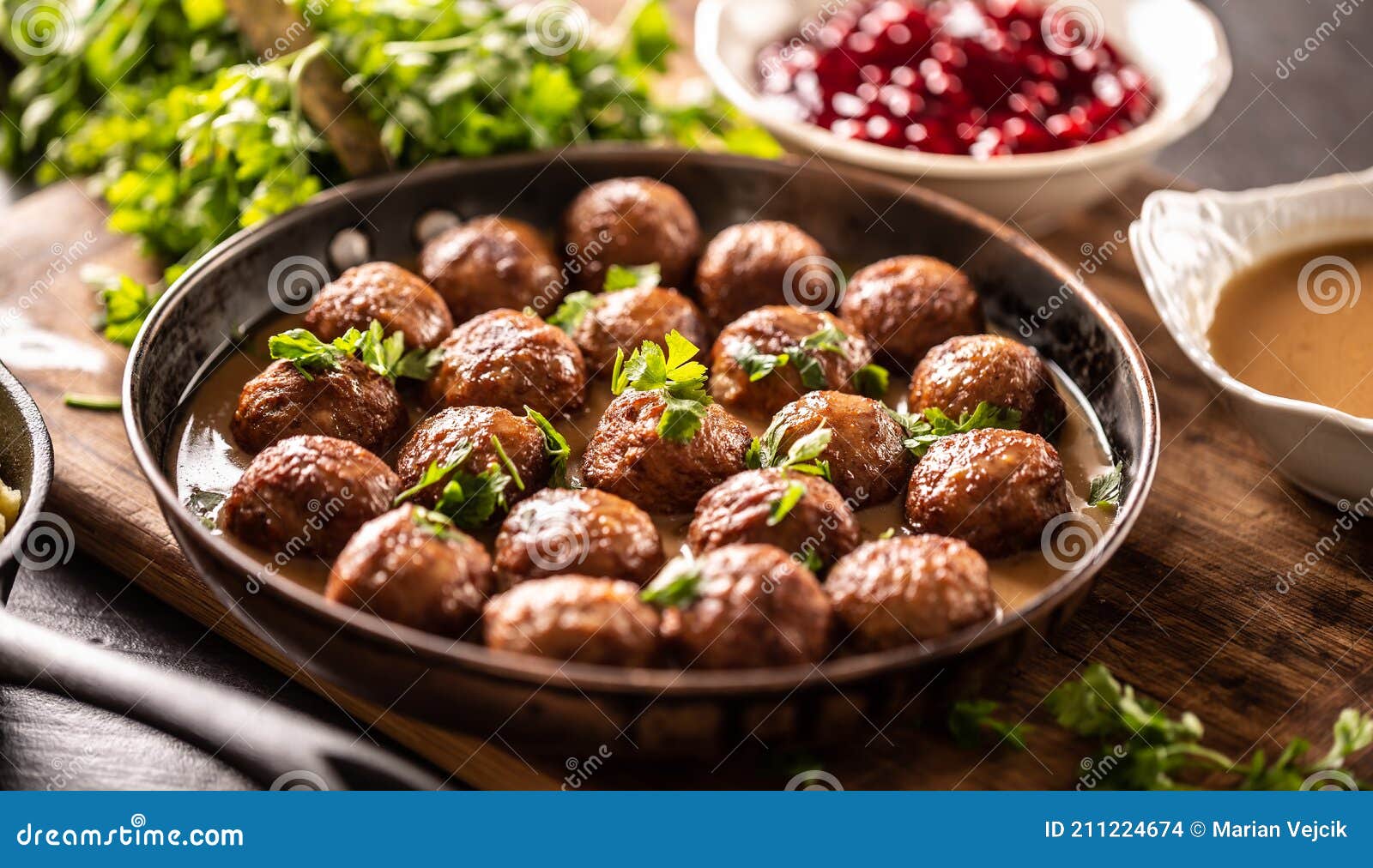 Swedish Meatballs Kottbullar In A Pan Topped With Fresh Parsley Stock