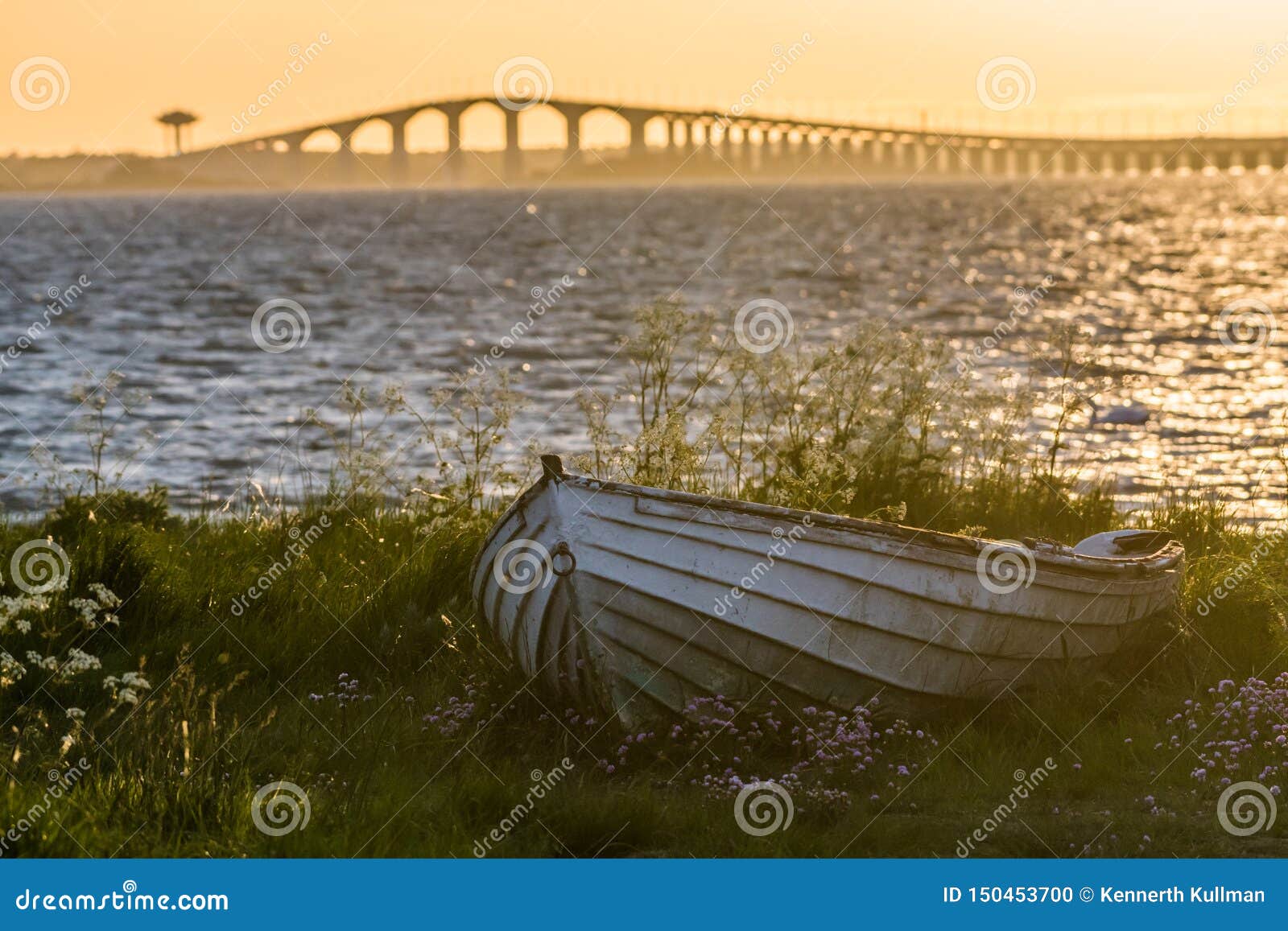 The Swedish Oland Bridge with an Old Rowing Boat in the Front Stock ...